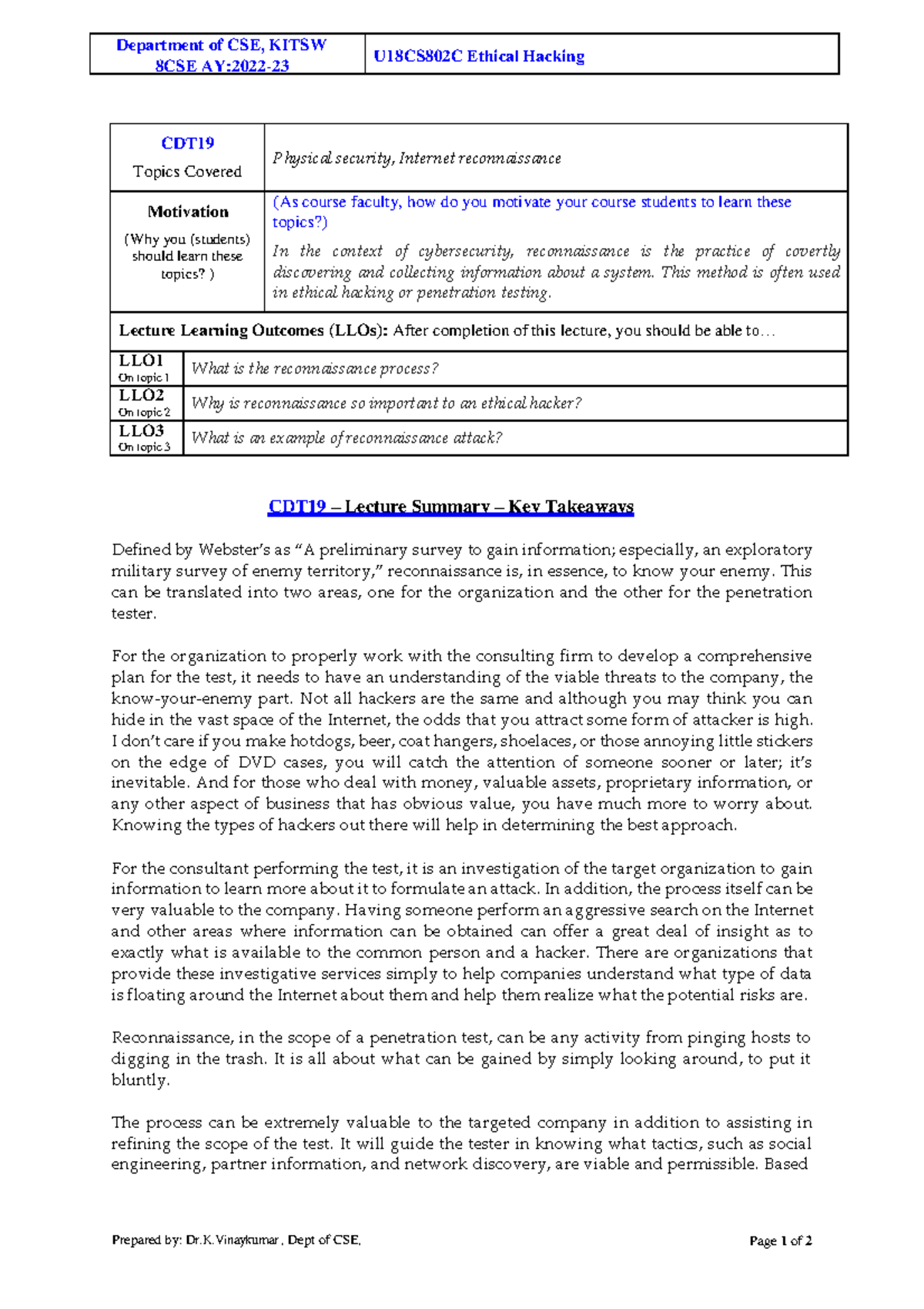 Ethical Hacking Notes Department Of Cse Kitsw 8cse Ay2022 U18cs802c Ethical Hacking