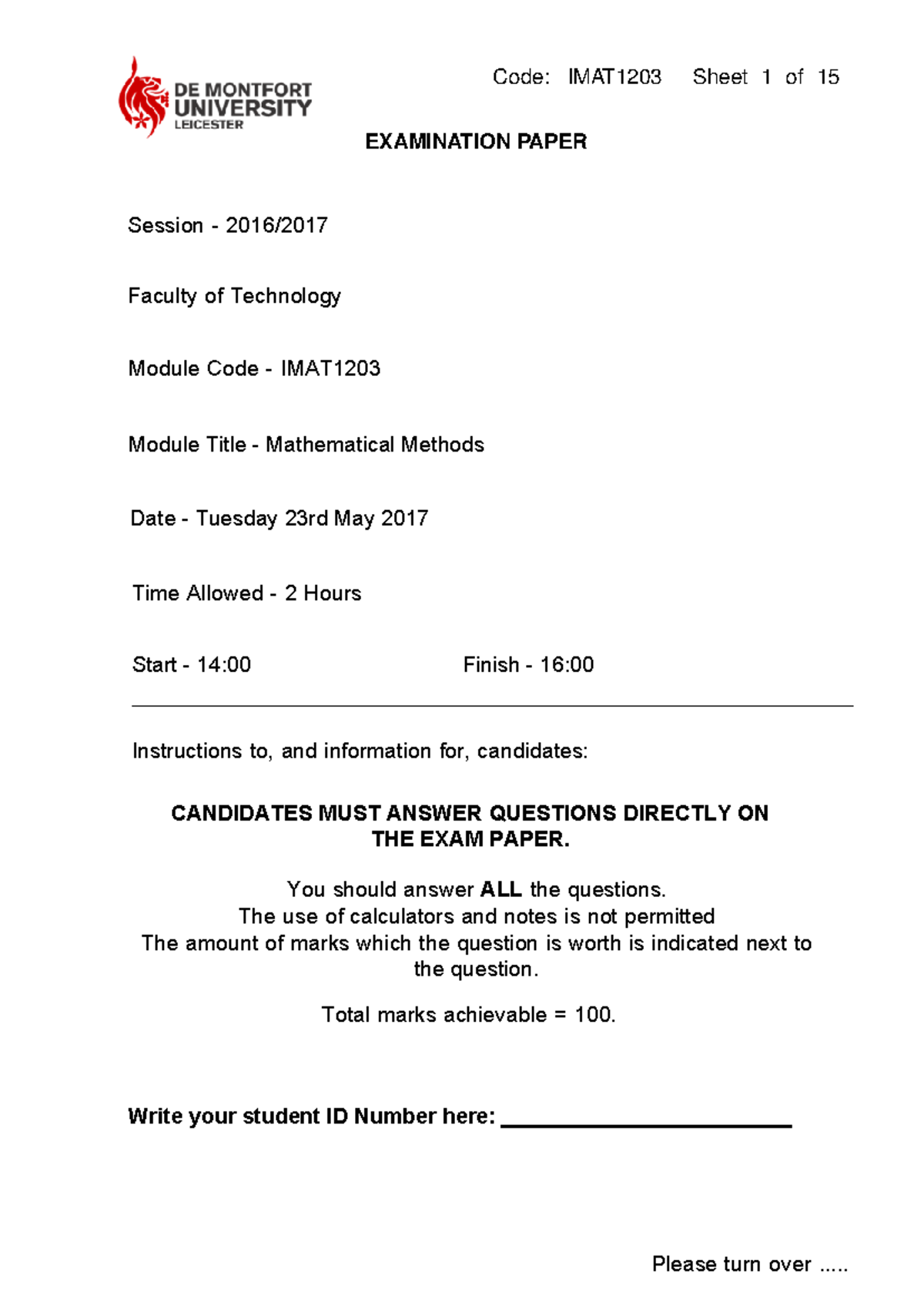 IMAT1203 2017 Exam - EXAMINATION PAPER Session - 2016/ Faculty of ...