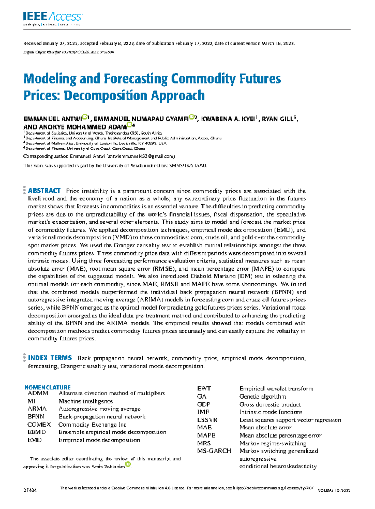 Modeling and Forecasting Commodity Futur - Received January 27, 2022, accepted February 8, 2022 ...