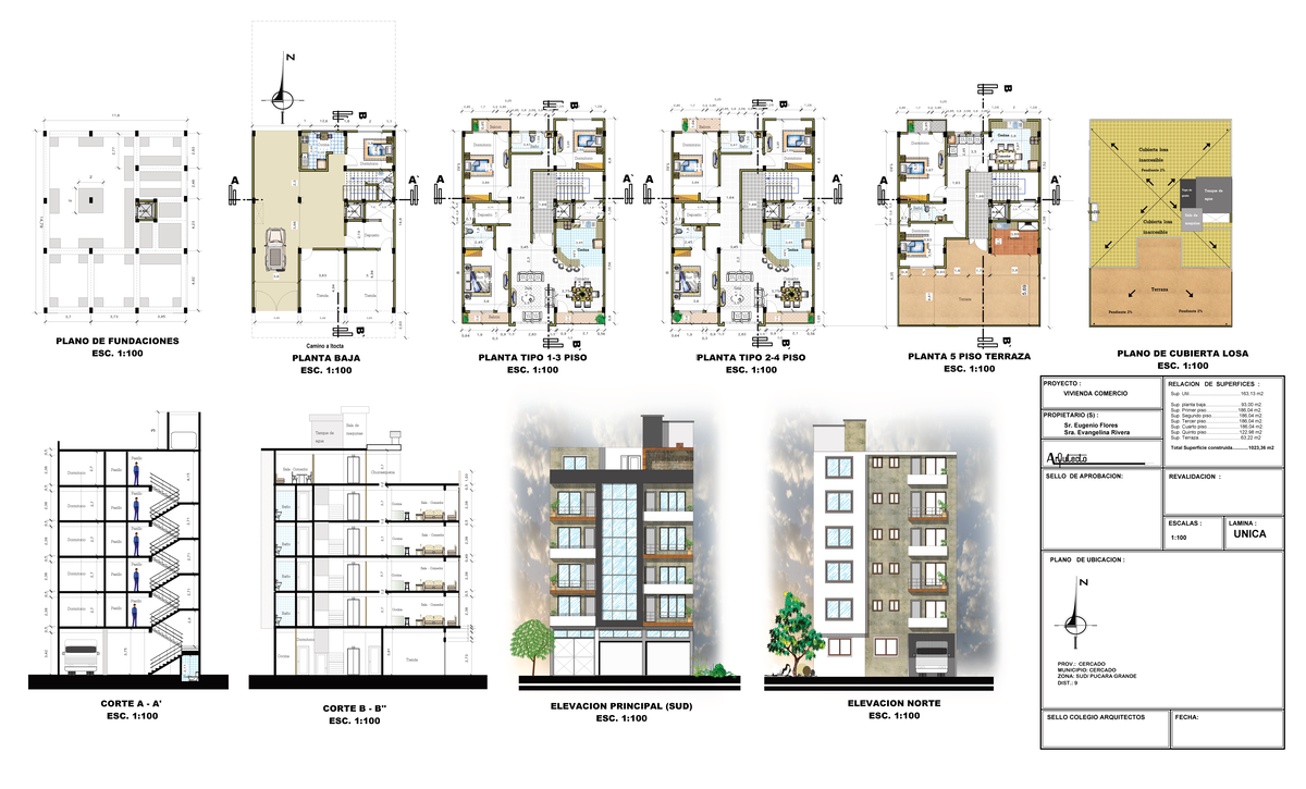 Plano arquitectonico de edificio (e - 3, Tienda Tienda 3,63 3,764, 4 ...