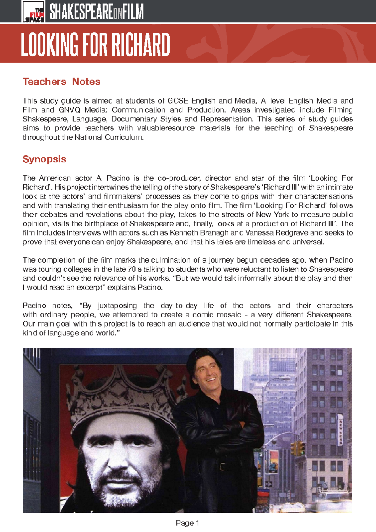 Looking-for-richard studyguide - LOOKING FOR RICHARD Teachers’ Notes ...