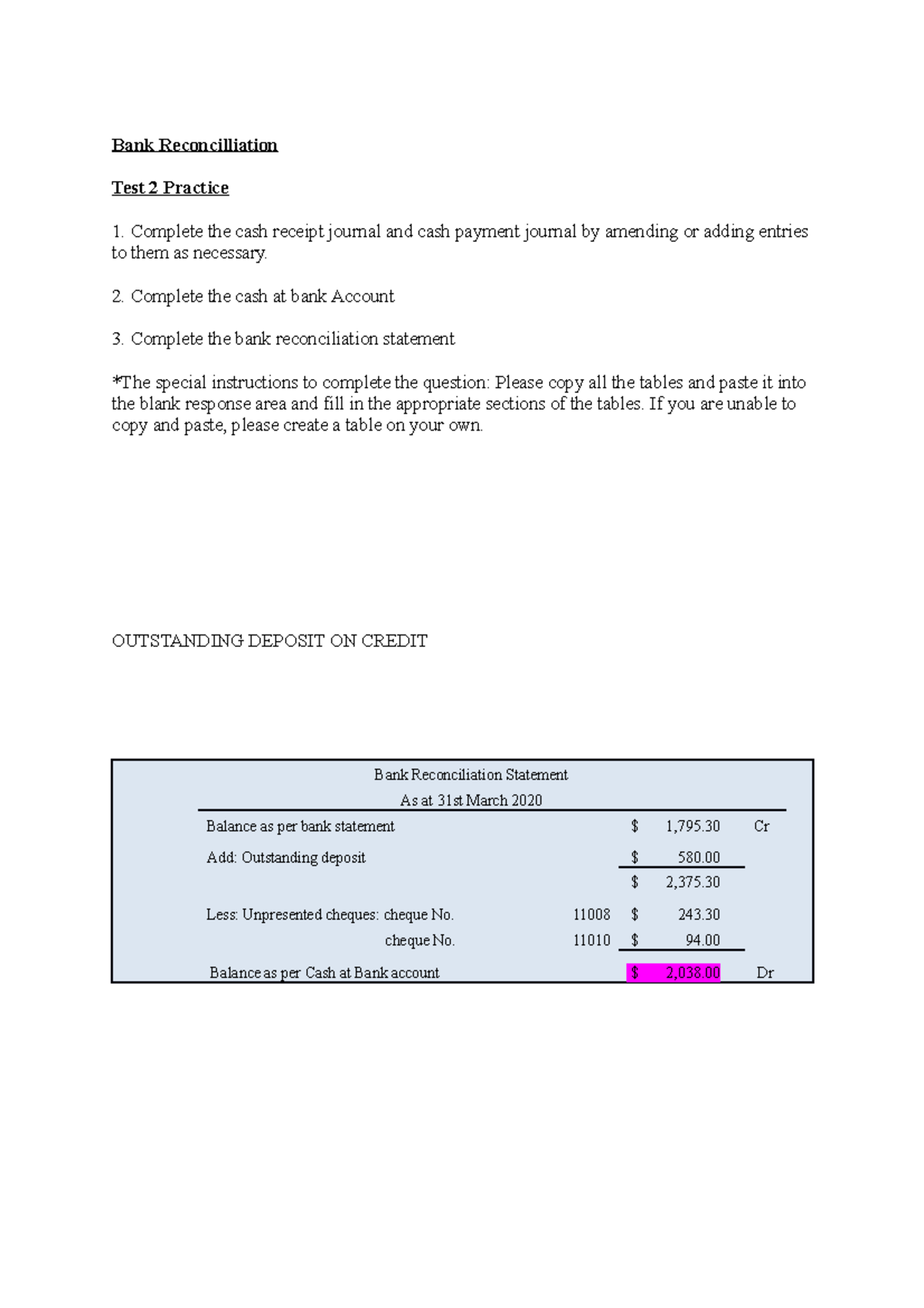 Test 2 Extra Question with Solution - Bank Reconcilliation Test 2 ...