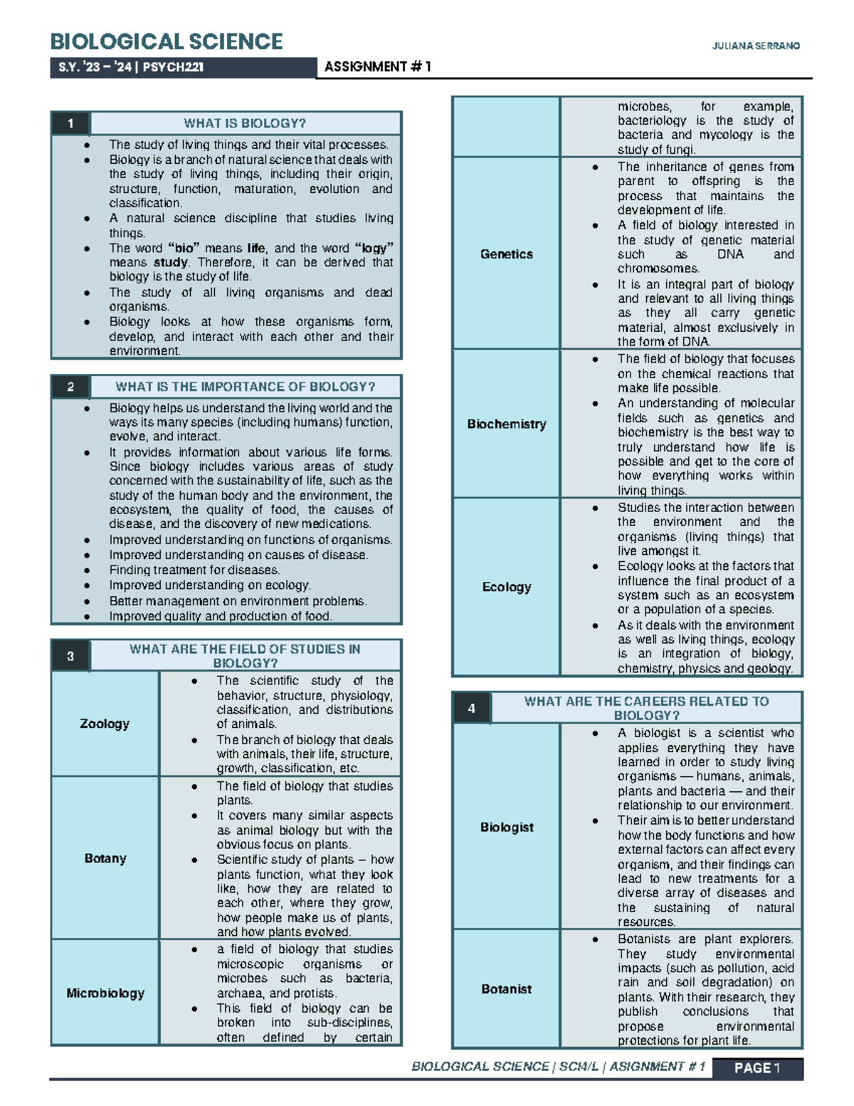 SCI4 - Introduction to Biology - S. ’23 – ’24 | PSYCH221 ASSIGNMENT # 1 ...