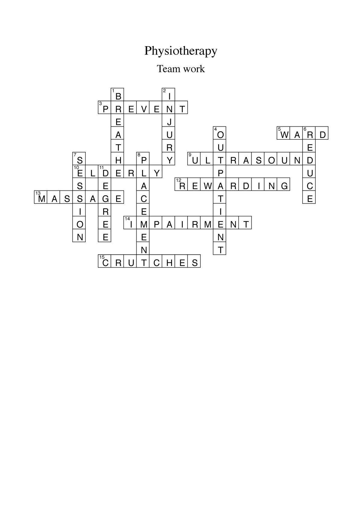 Crosswords With Answers Anglais Physiotherapy Team Work 1 B 2 I 3 P