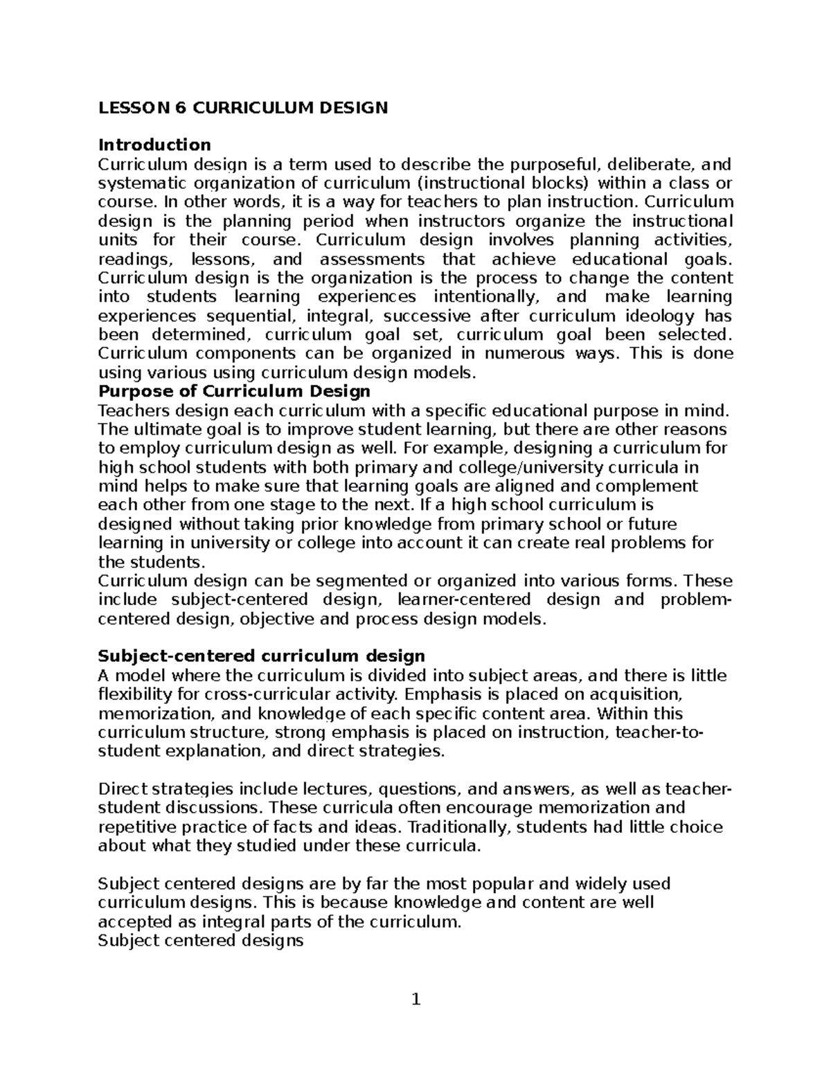Lesson 6 Curriculum Design - LESSON 6 CURRICULUM DESIGN Introduction ...