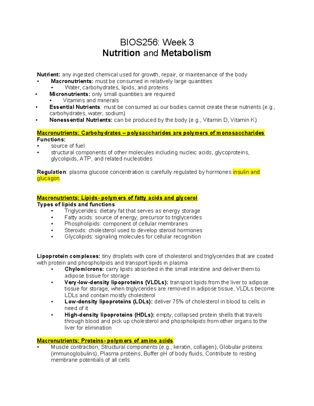 BIOS256 Week 3 study guide - BIOS256: Week 3 Nutrition and Metabolism ...