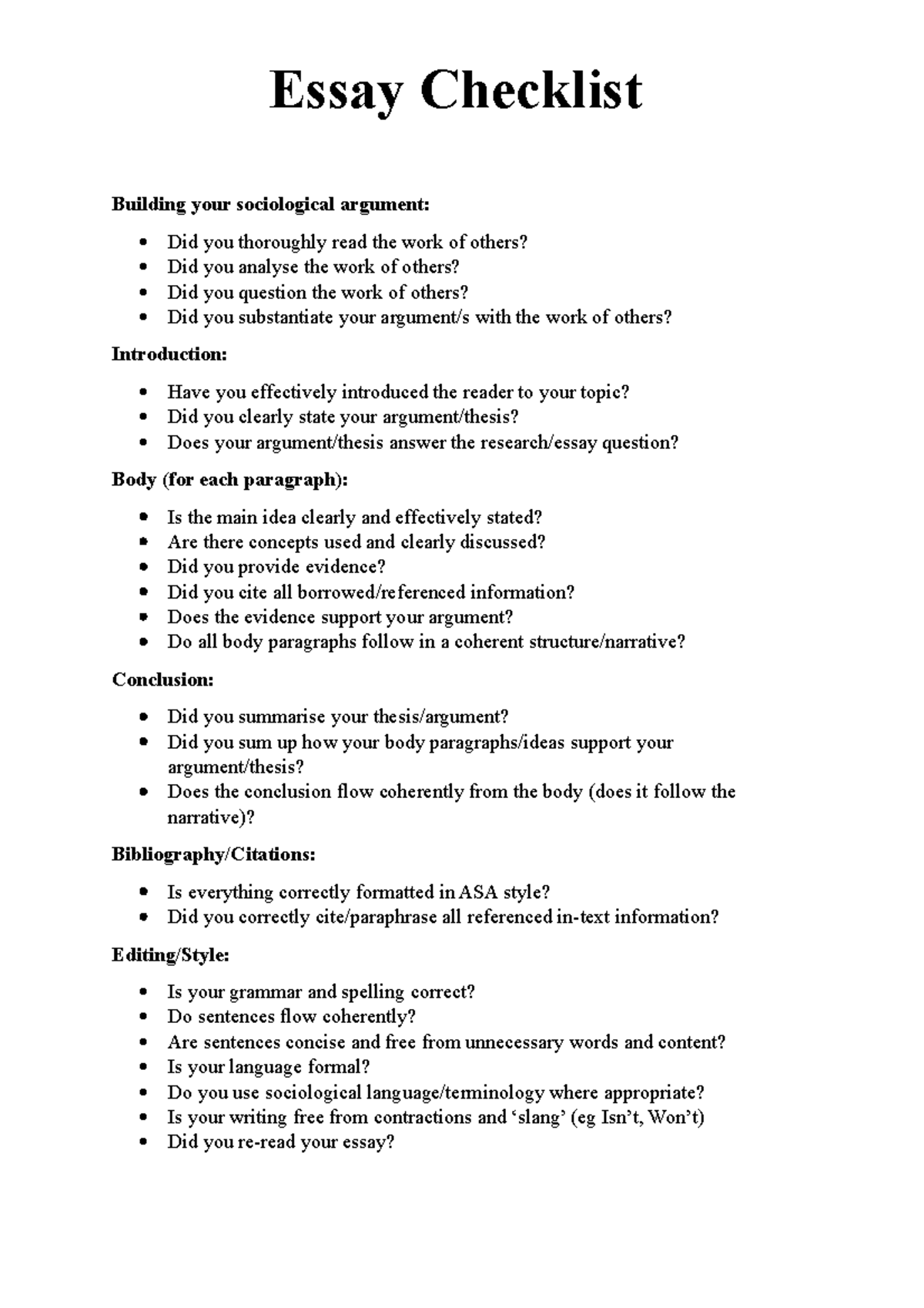 Essay Checklist - Essay Checklist Building your sociological argument ...