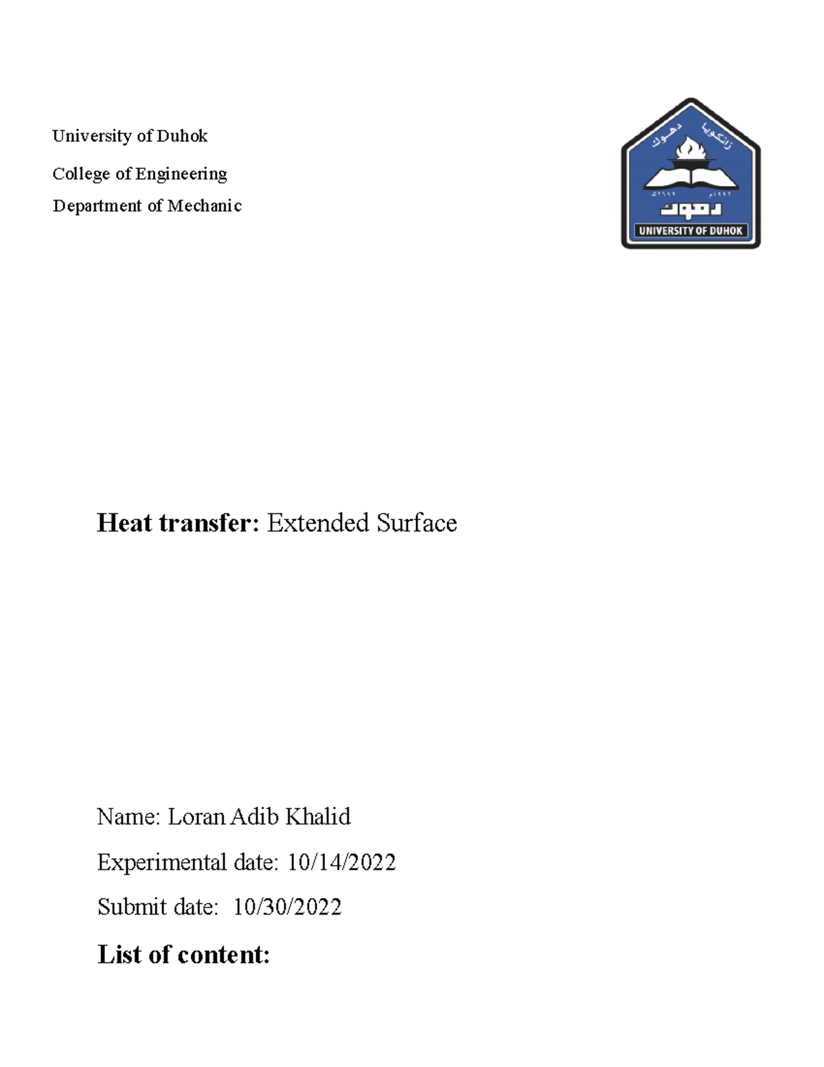 Heat 3 - heat transfer experiment - University of Duhok College of ...
