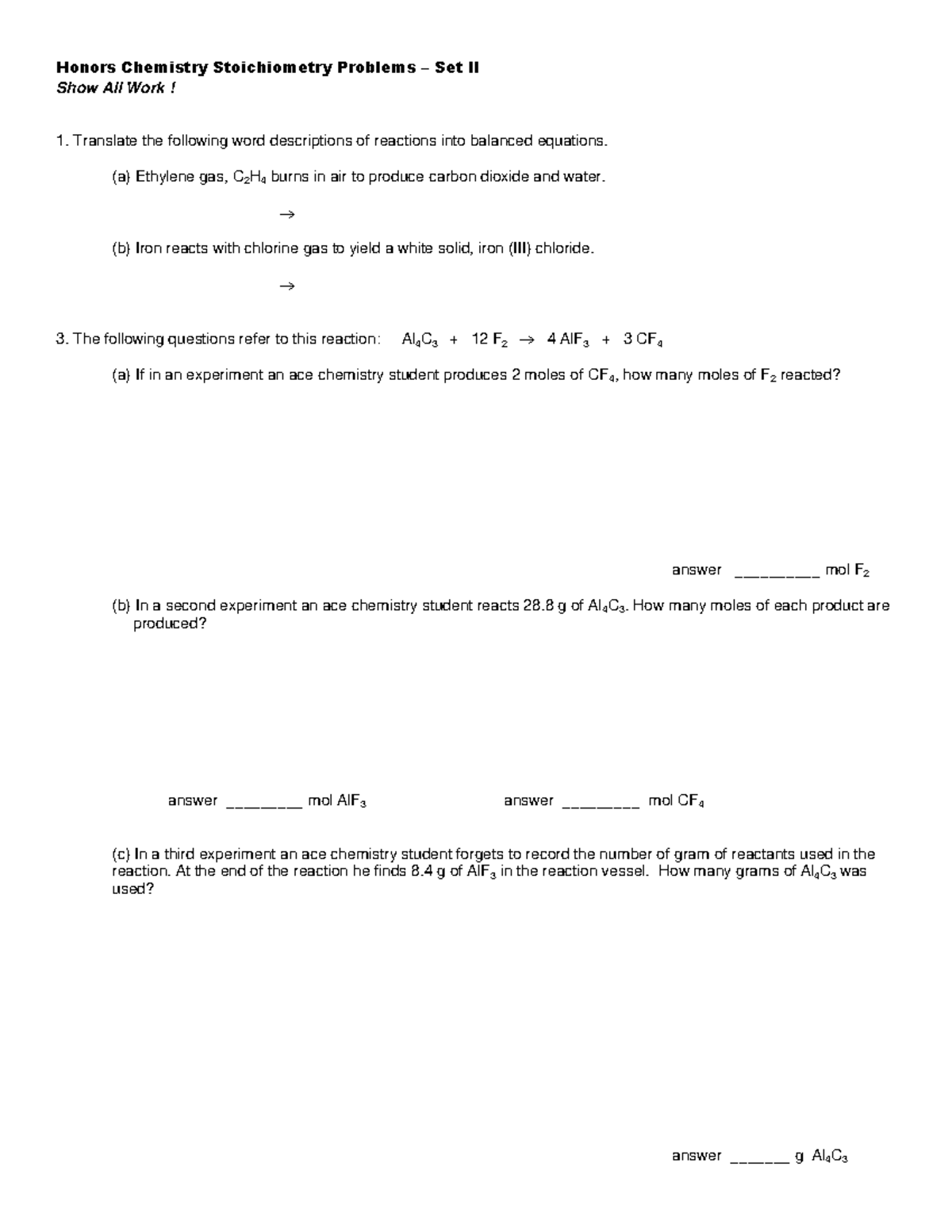 Honors Stoichiometry Problems Set II 1213 - Honors Chemistry ...