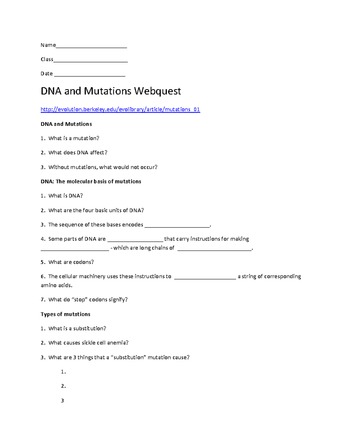Genetics mutation webquest - Name_______________________ Class ...