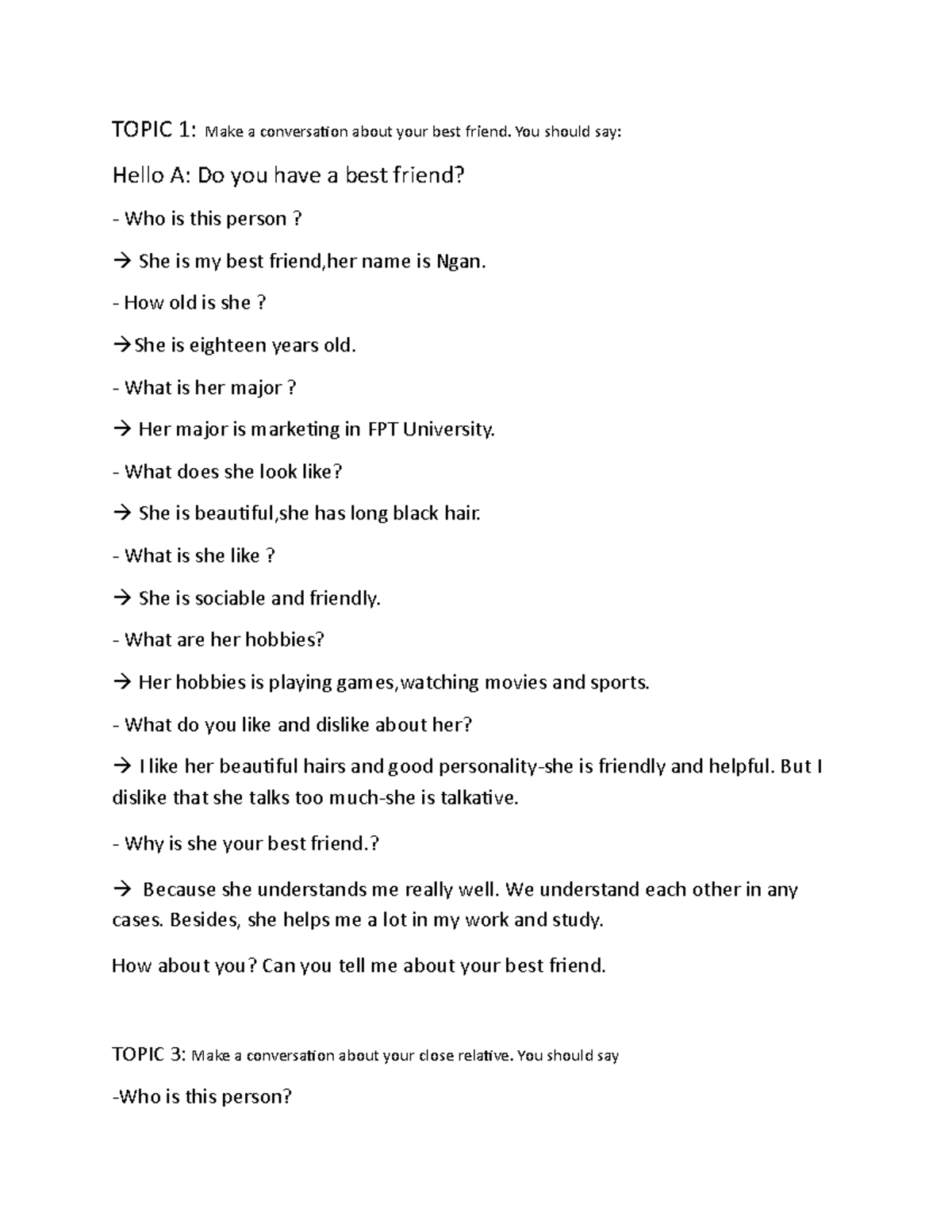 Speaking - topic 1-10 - TOPIC 1: Make a conversation about your best ...