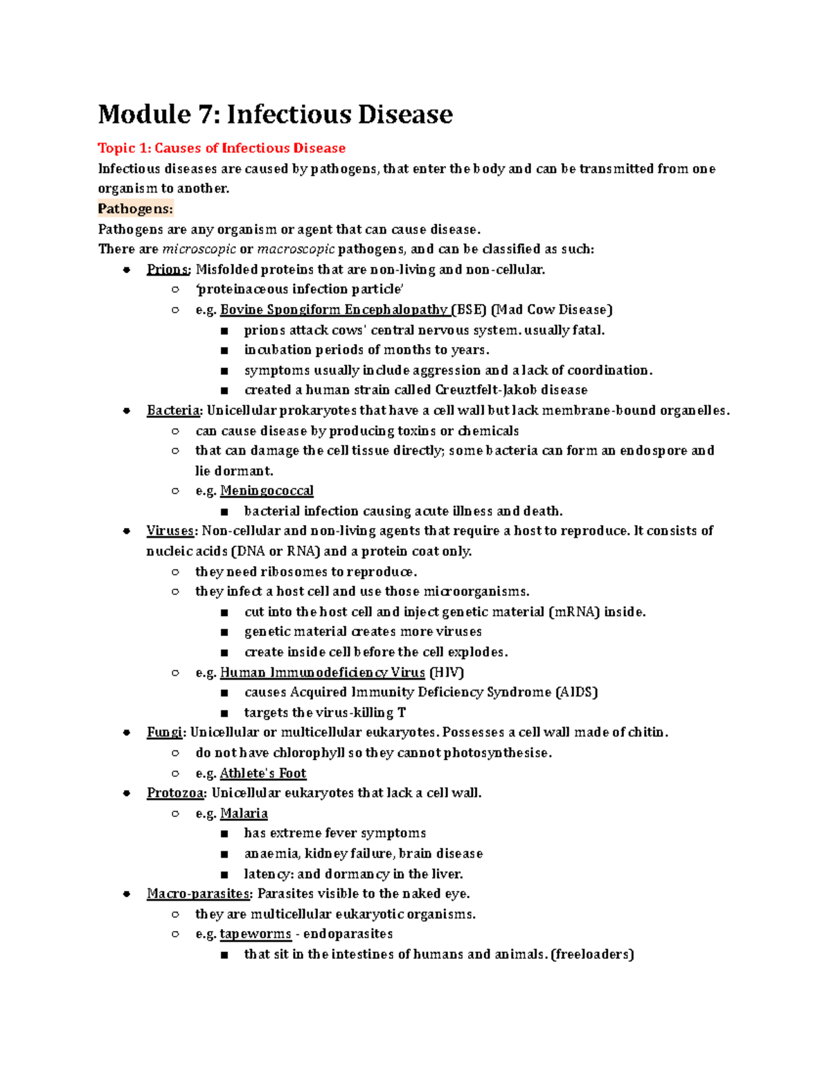 Biology Module 7 Course Full Notes (Infectious Disease) (Year 12) (HSC ...