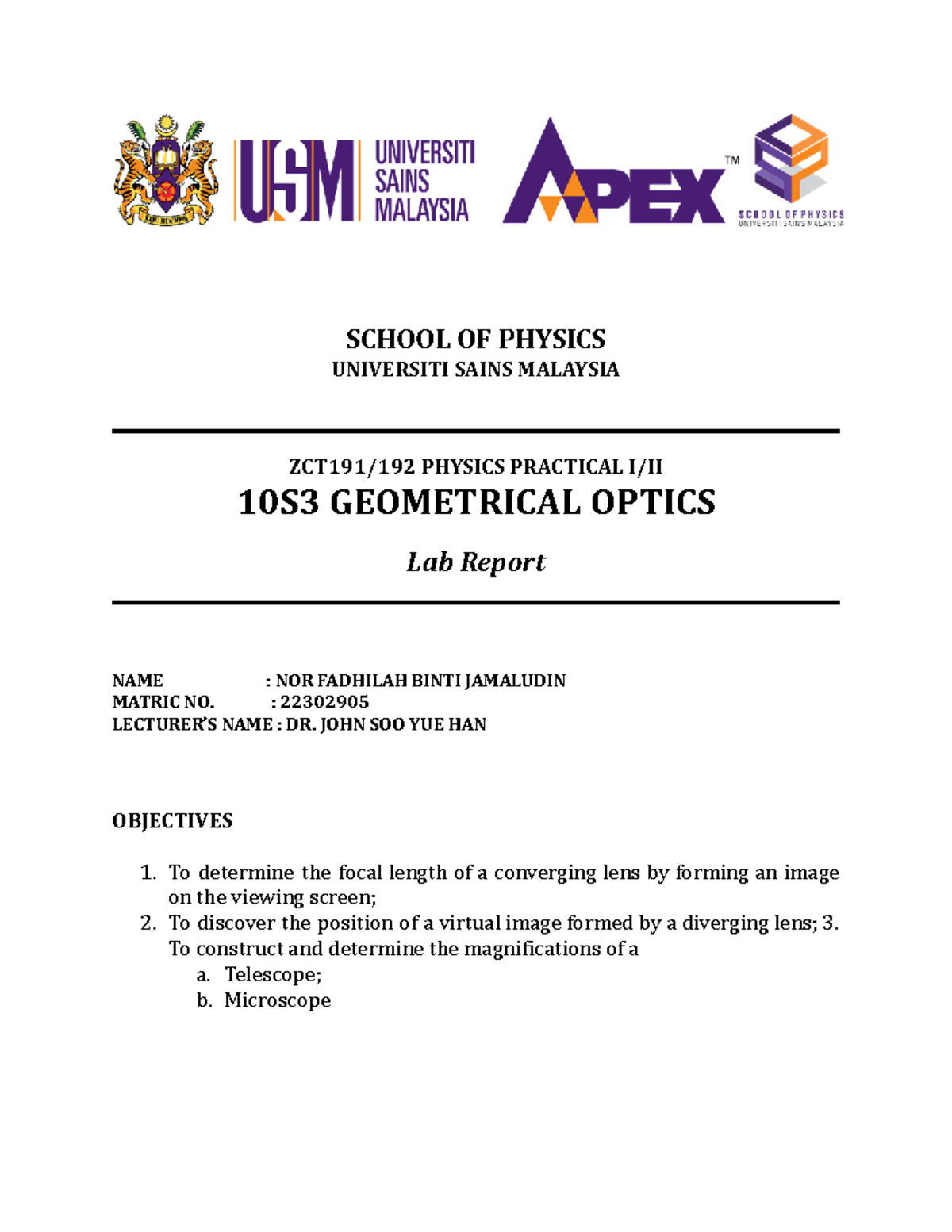 1OS3 Geometrical Optics - SCHOOL OF PHYSICS UNIVERSITI SAINS MALAYSIA ZCT191/192 PHYSICS ...