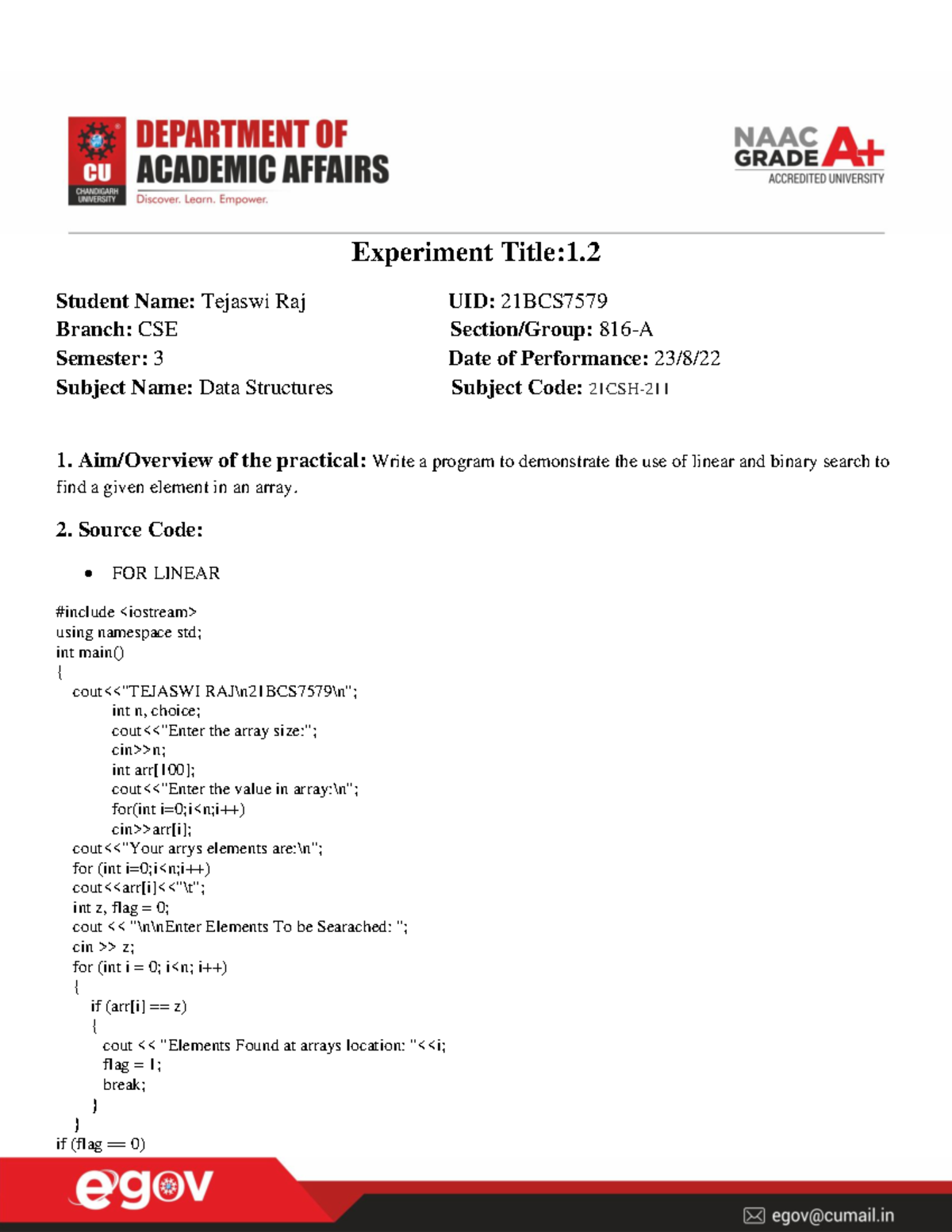Tejaswi RAJ 21BCS7579 EXP 2 DSA - Experiment Title:1. Student Name: Tejaswi Raj UID: 21BCS ...