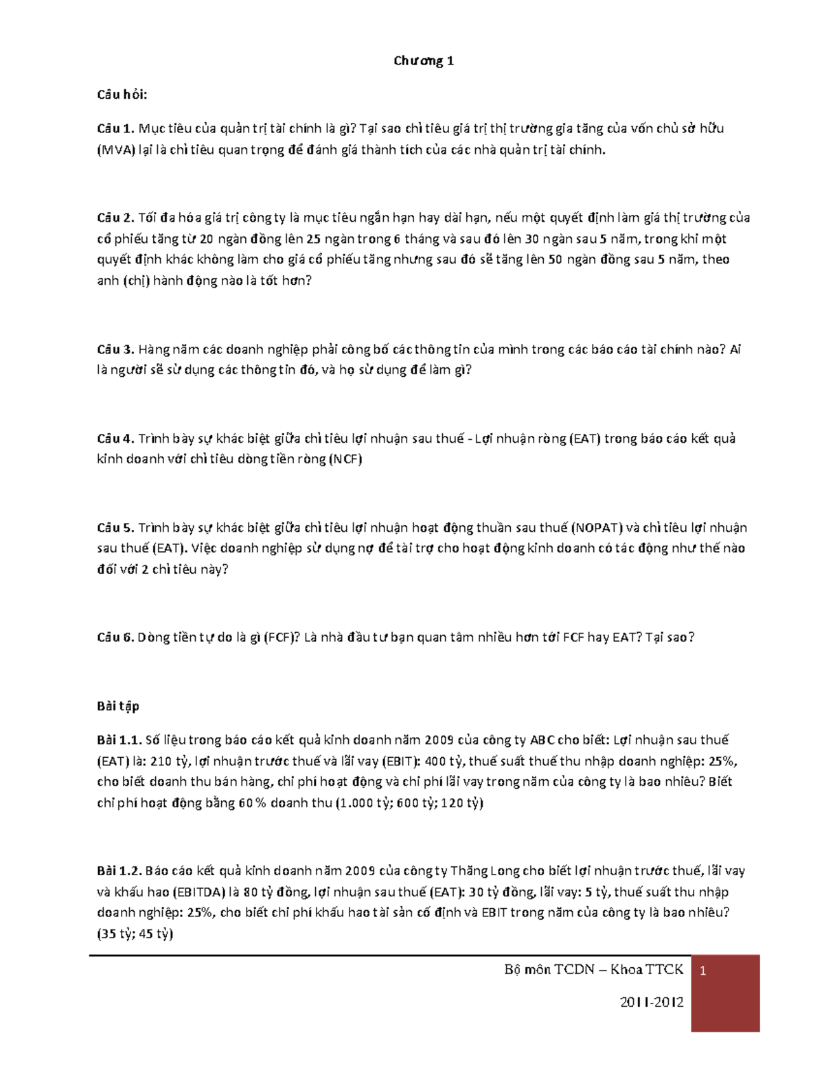 Tailieuxanh bai tap tcdn 5485 - Bộ môn TCDN – Khoa TTCK 1 Ch±¡ng 1 C‚u hßi: C‚u 1. Mÿc tiÍu cÿa ...