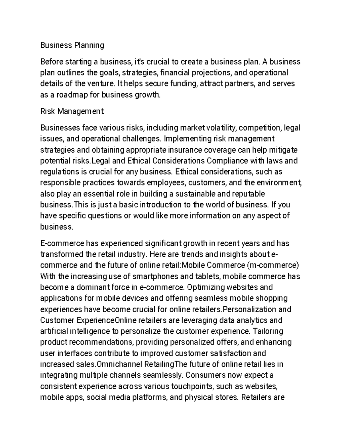 Business-2 - Notes - Business Planning Before starting a business, it's ...