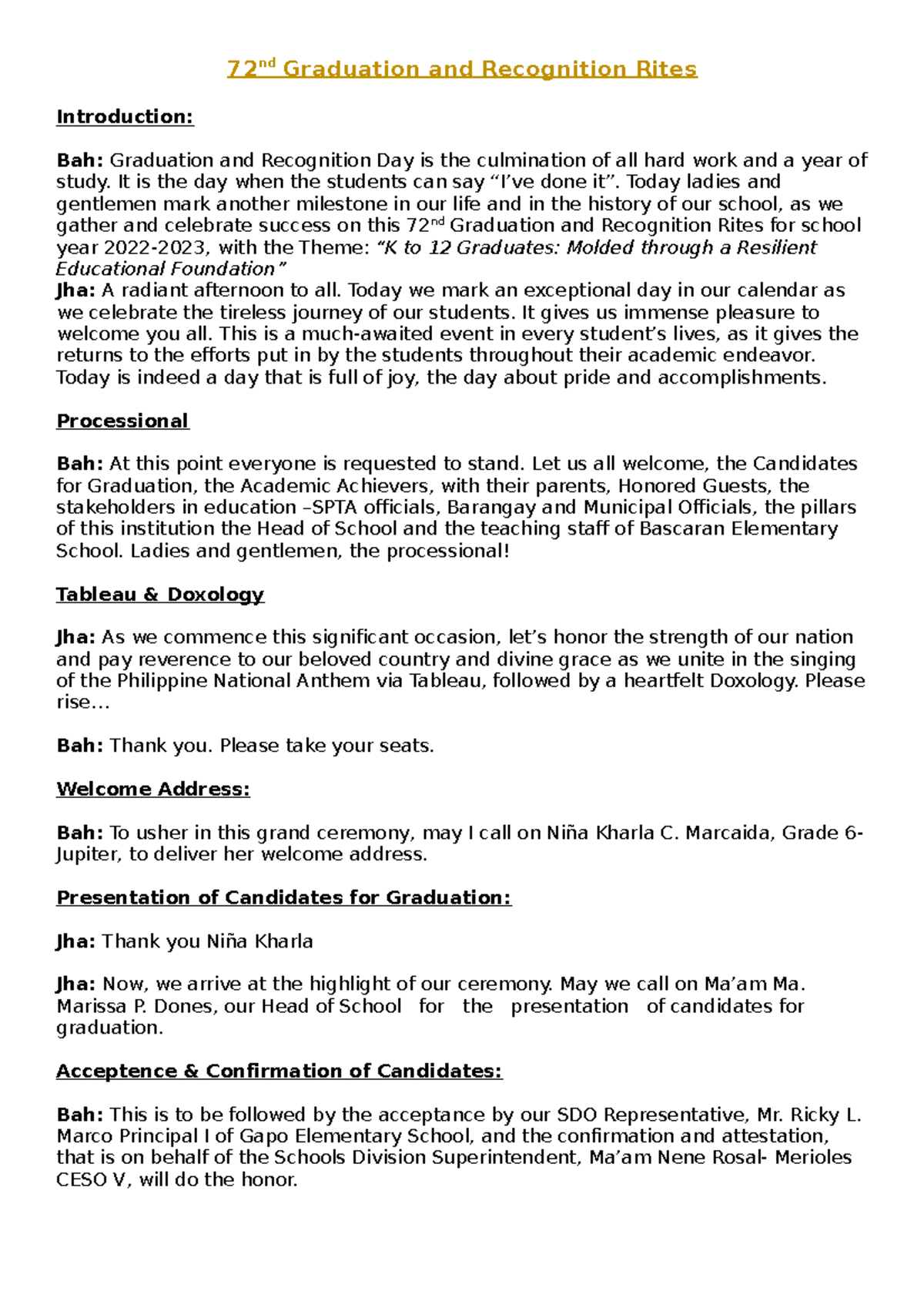72nd Graduation and Recognition Rites Script - 72 nd Graduation and ...