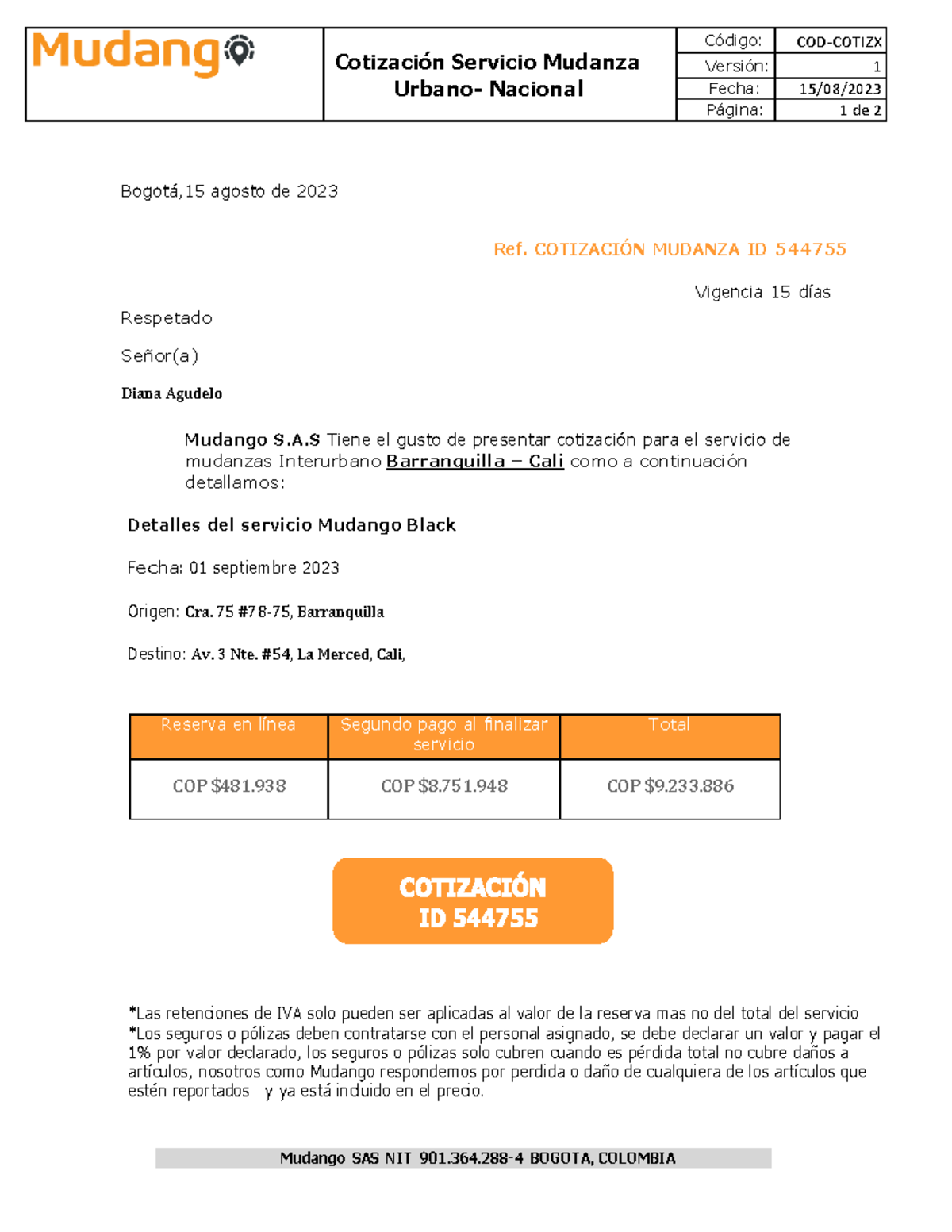 1. Cotizacion Diana Agudelo - Mudango SAS NIT 901.364-4 BOGOTA ...