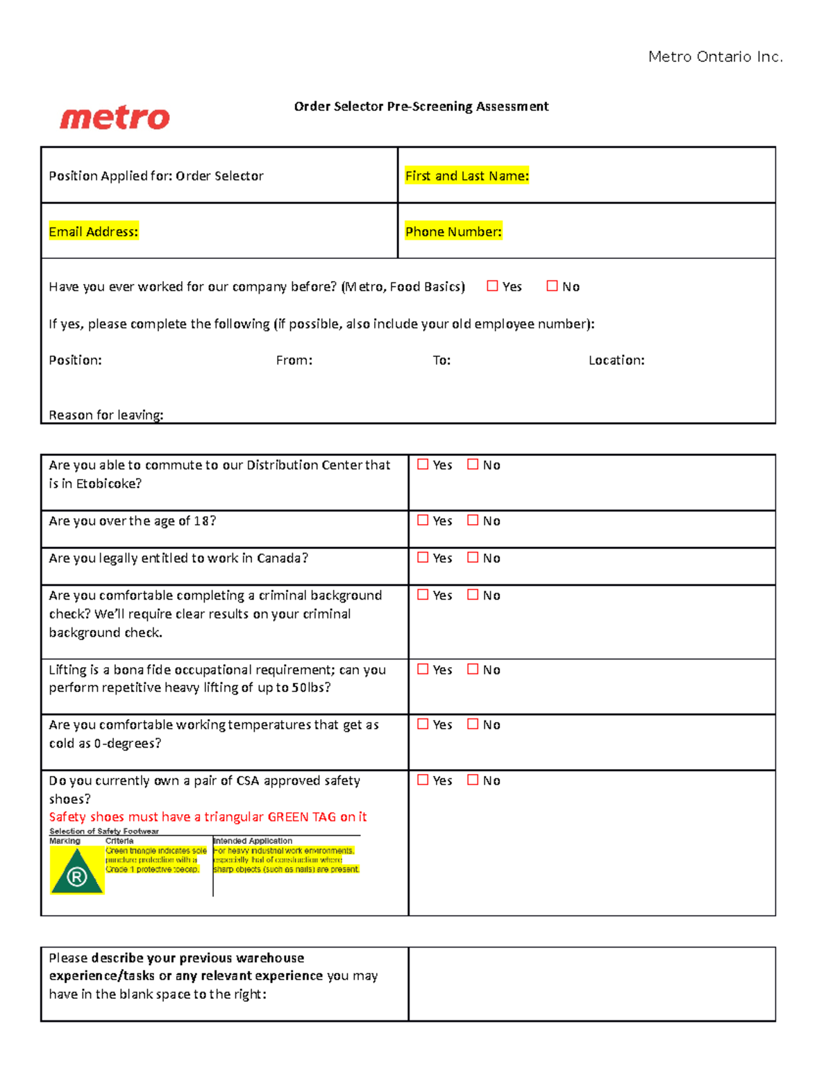 PT Pre-Screen Assessment - Metro Ontario Inc. Order Selector Pre ...
