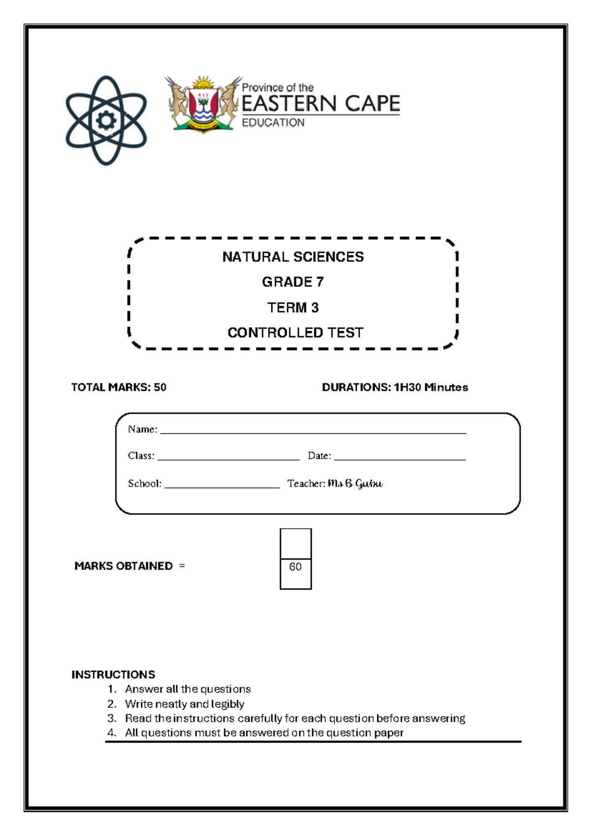 Grade 7 NS TERM 3 TEST - assessment - TOTAL MARKS: 50 DURATIONS: 1H 30 ...