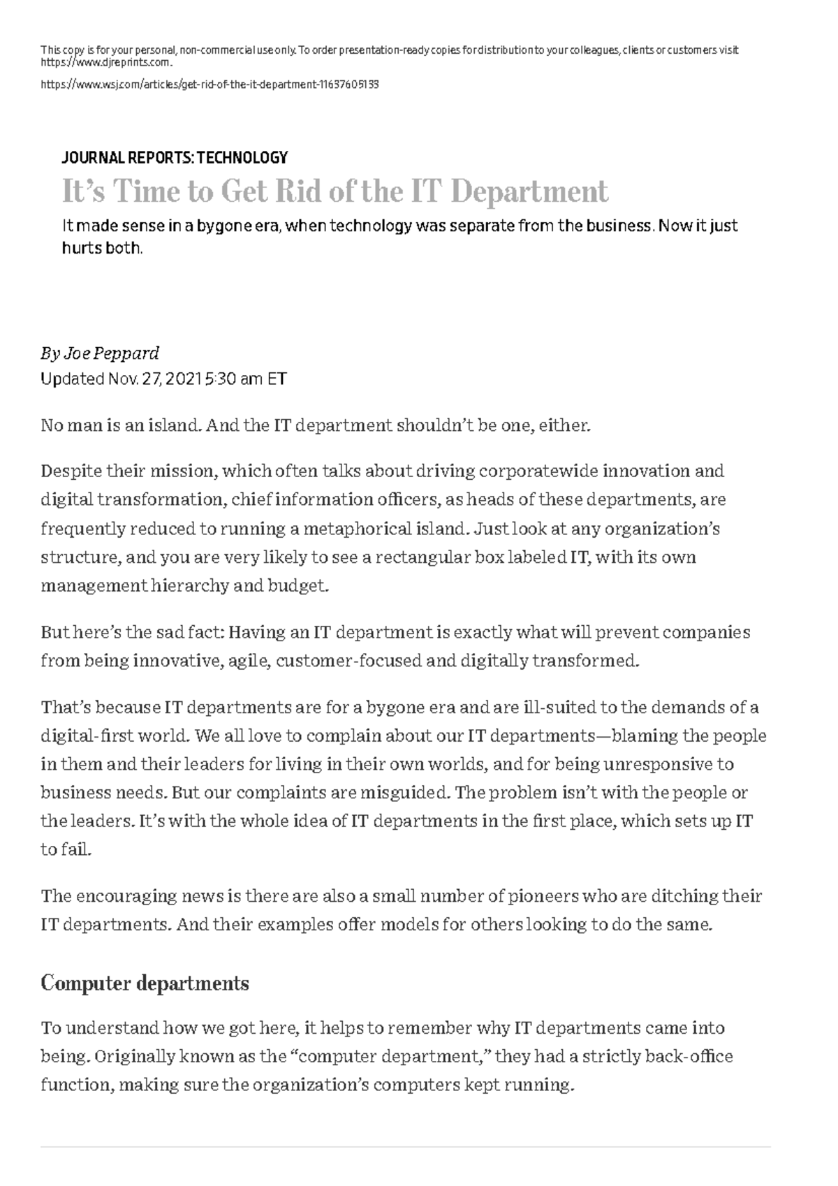 It¿s Time to Get Rid of the IT Department - WSJ - This copy is for your ...