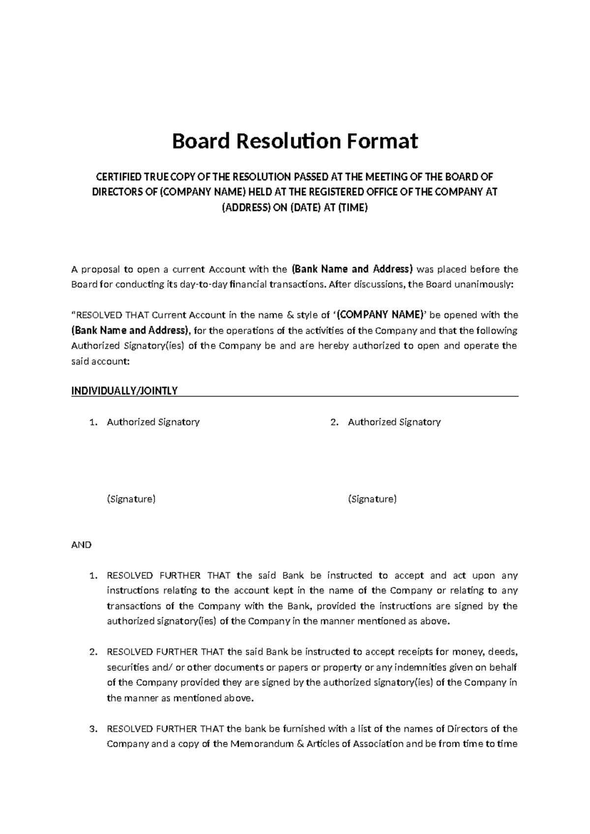 Resolution-Template - DAAA - Board Resolution Format CERTIFIED TRUE ...