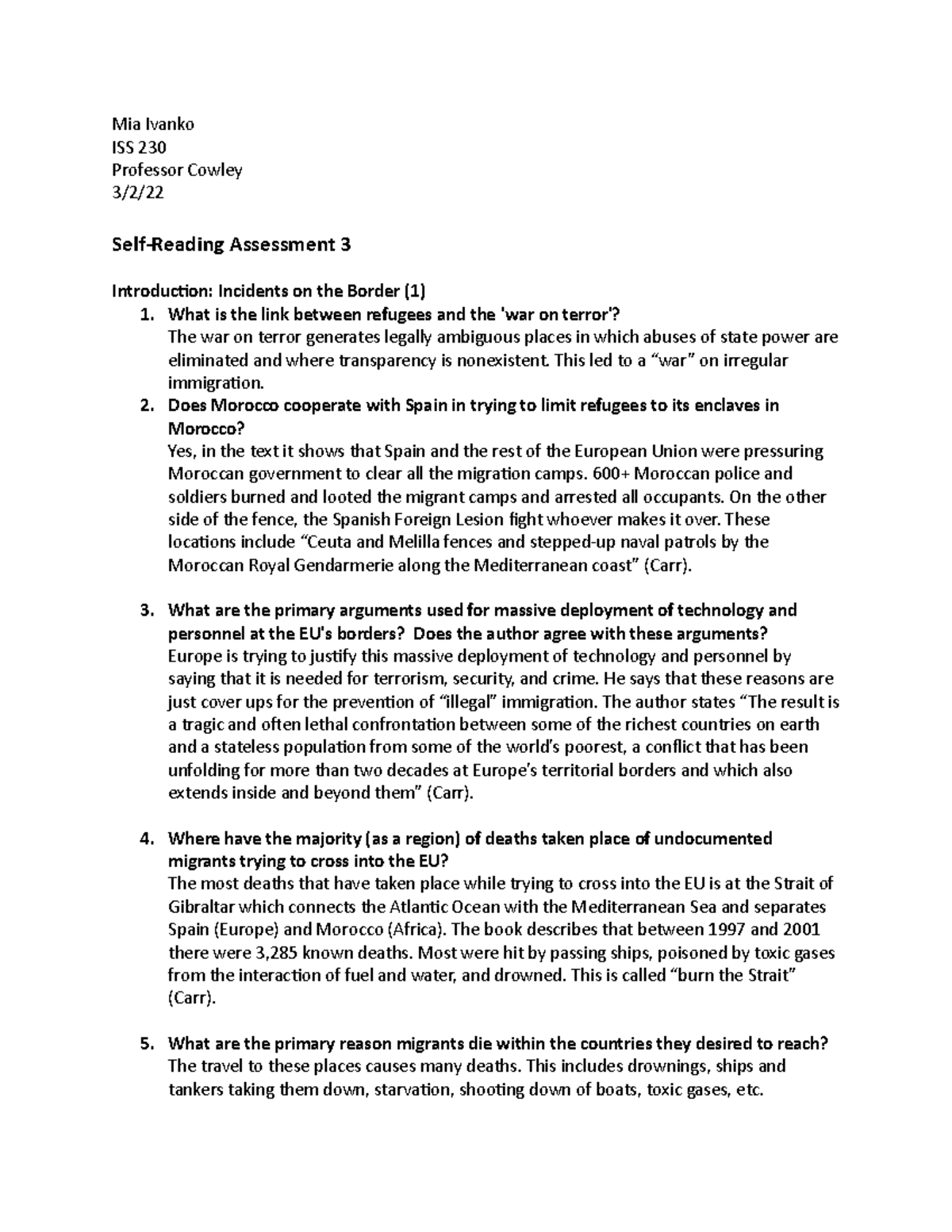 Self Reading Assessment 3 - Mia Ivanko ISS 230 Professor Cowley 3/2 ...