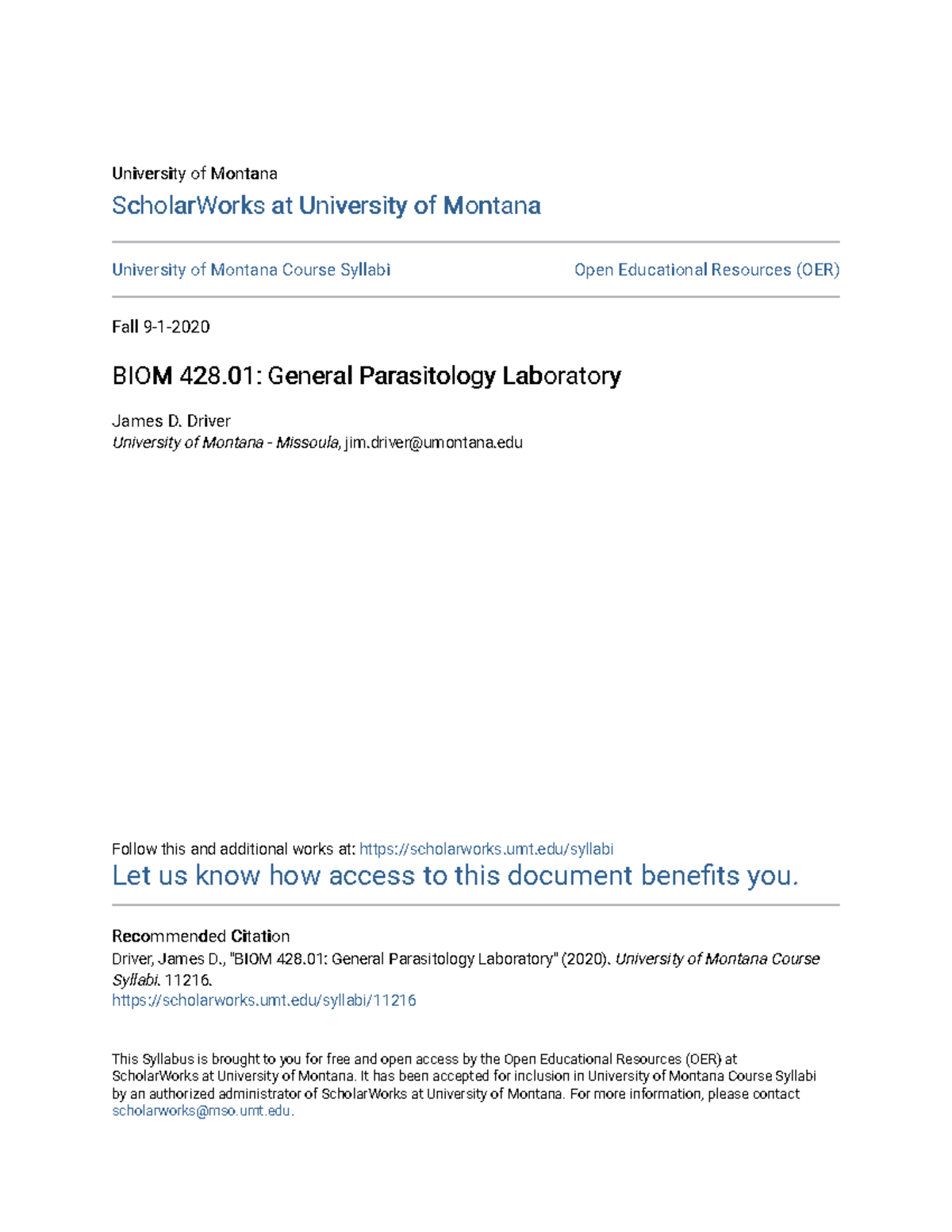 BIOM 428.01 General Parasitology Laboratory - University of ...