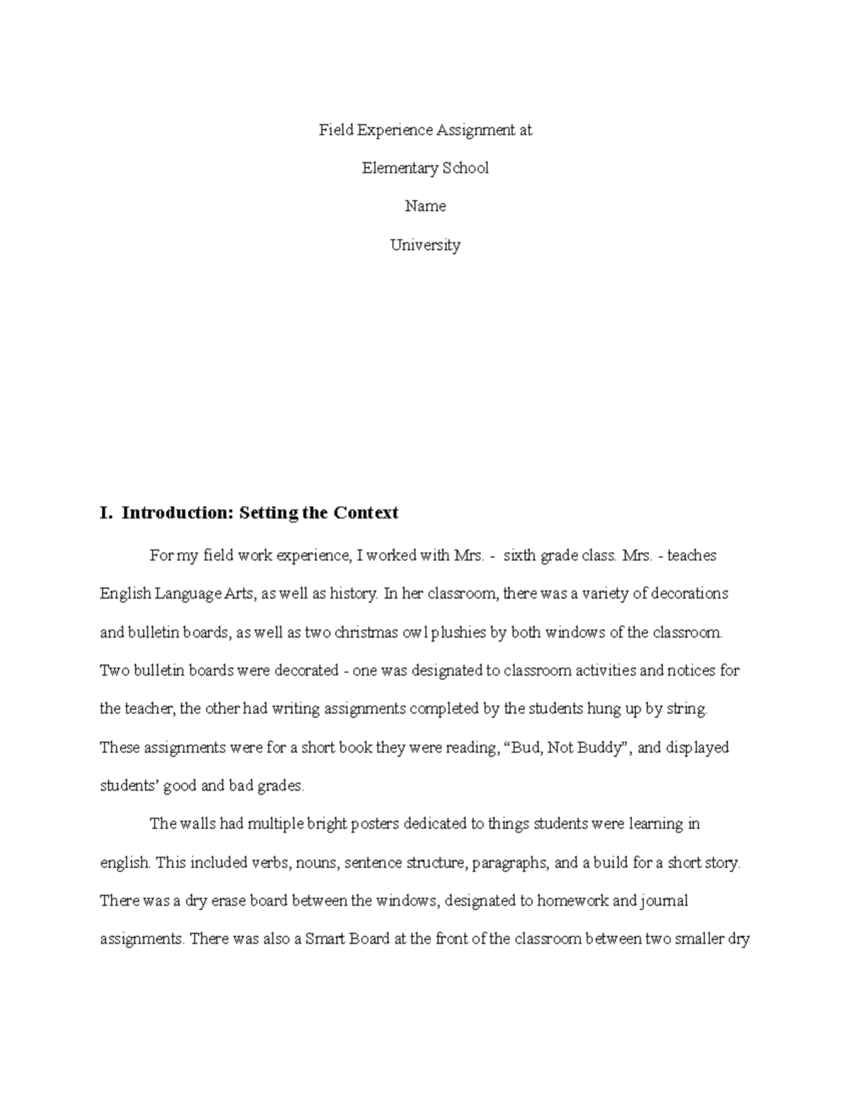 Field Experience Final Essay Field Experience Assignment At