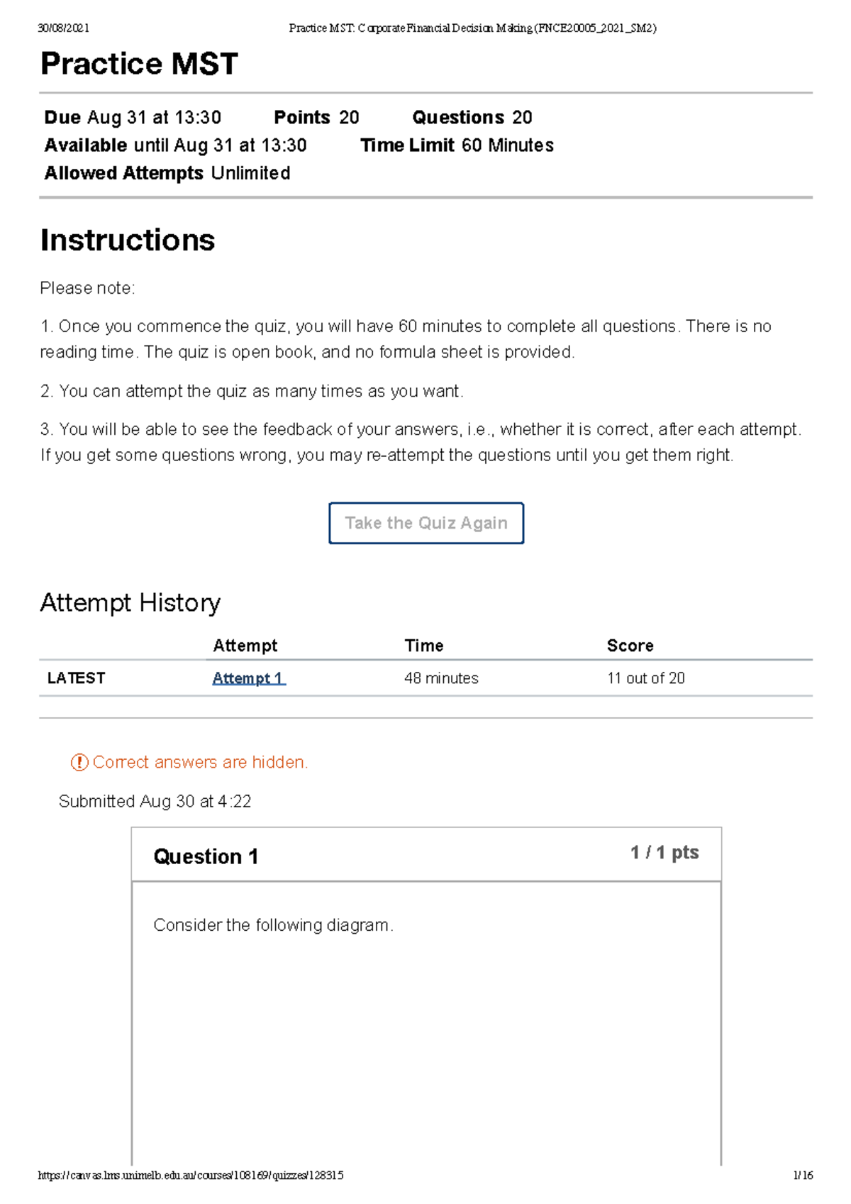 Practice MST Corporate Financial Decision Making (FNCE2000 5 2021 SM2) - Practice MST Due Aug 31 ...