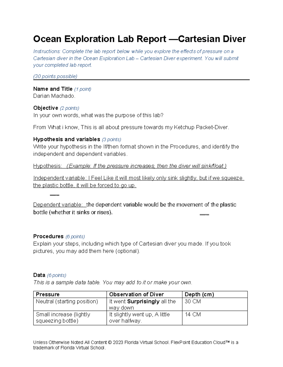 Cartesian diver lab report 2 - Ocean Exploration Lab Report —Cartesian ...