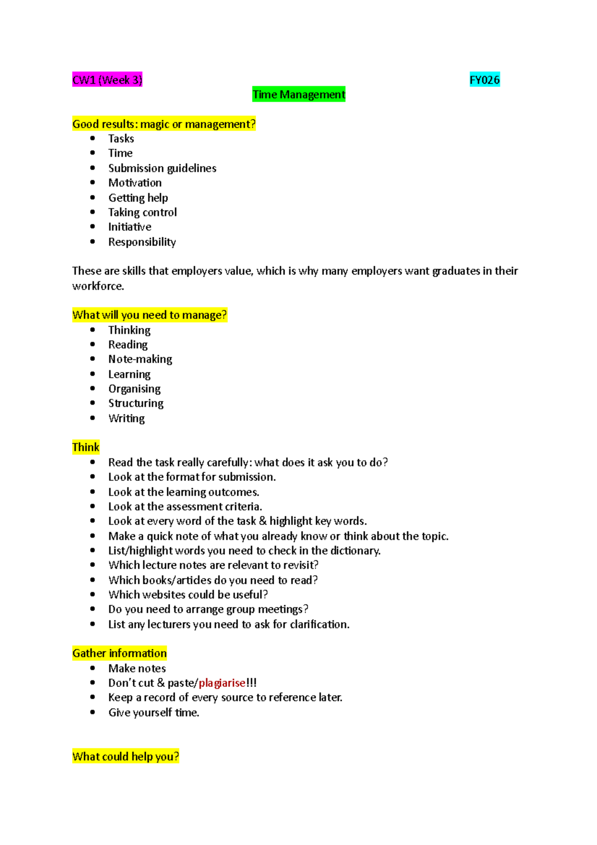 CW1 Week 3 time management notes - CW1 (Week 3) FY Time Management Good ...