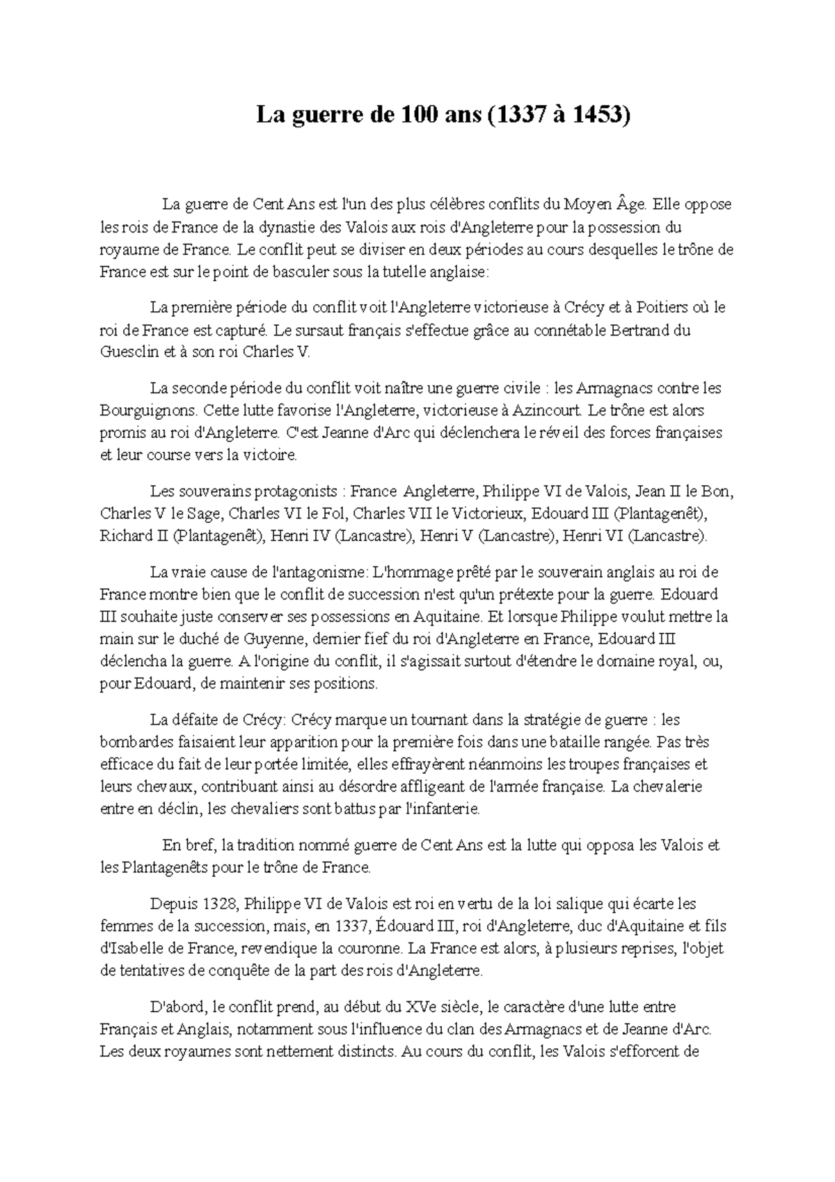 La guerre de 100 ans (1337 à 1453) - La guerre de 100 ans (1337 à 1453 ...