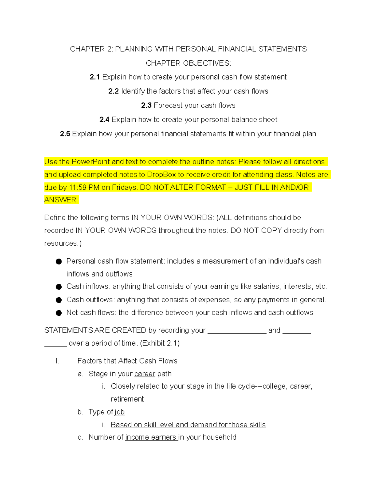 Chapter 2 Notes Fillable - CHAPTER 2: PLANNING WITH PERSONAL FINANCIAL ...