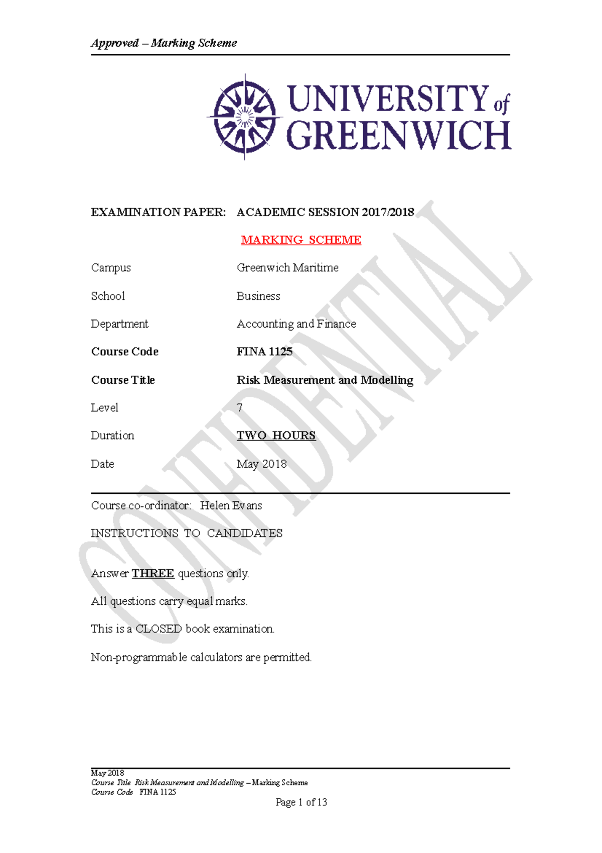 FINA 1125 May 2018 mark scheme approved - EXAMINATION PAPER: ACADEMIC ...