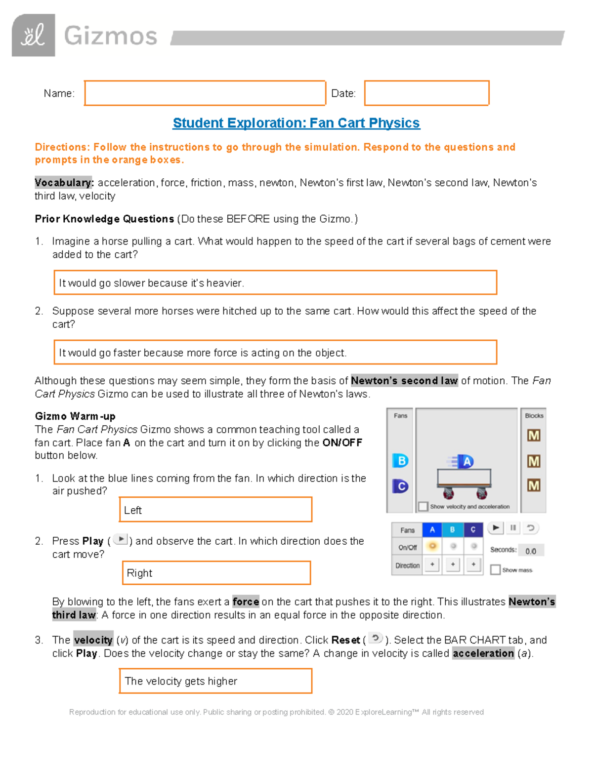 Fan Cart Physics Gizmo - Name: Date: Student Exploration: Fan Cart ...