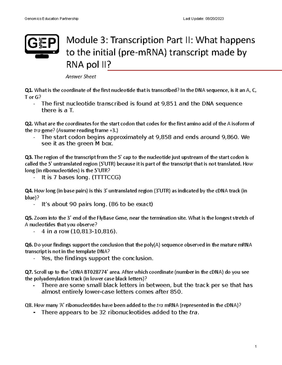 Module 3 Transcription Part II Answer Sheet - Genomics Education ...