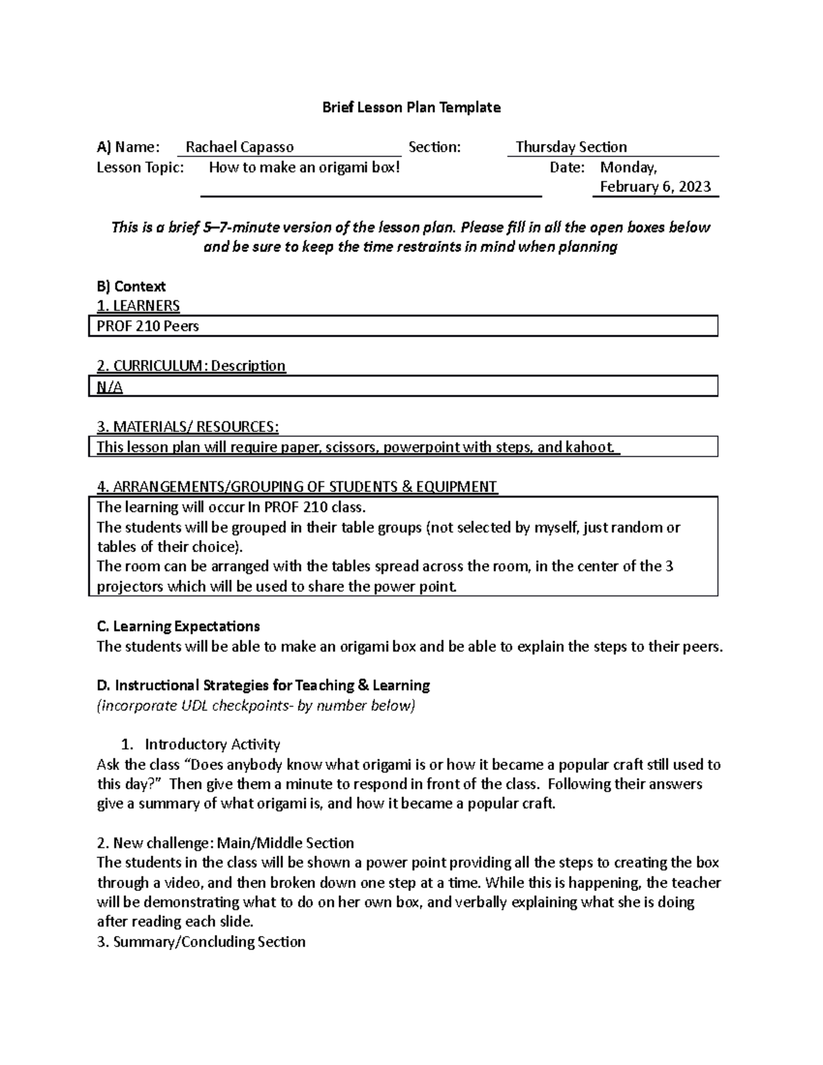 Lesson Plan Prof 210 - Prof assignment - Brief Lesson Plan Template A ...