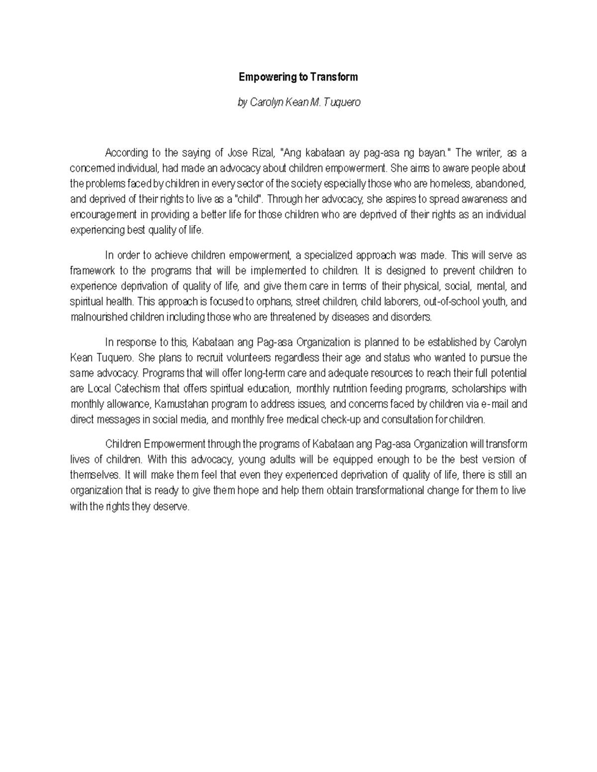 Sample Advocacy Essay - Empowering to Transform by Carolyn Kean M ...