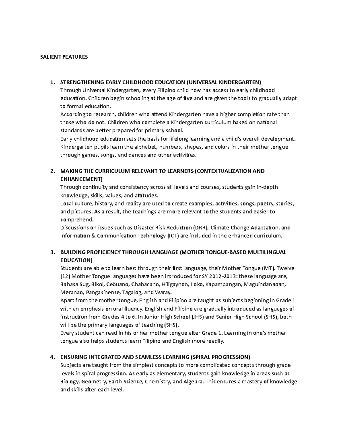 Salient Features of English Curriculum - SALIENT FEATURES 1 ...