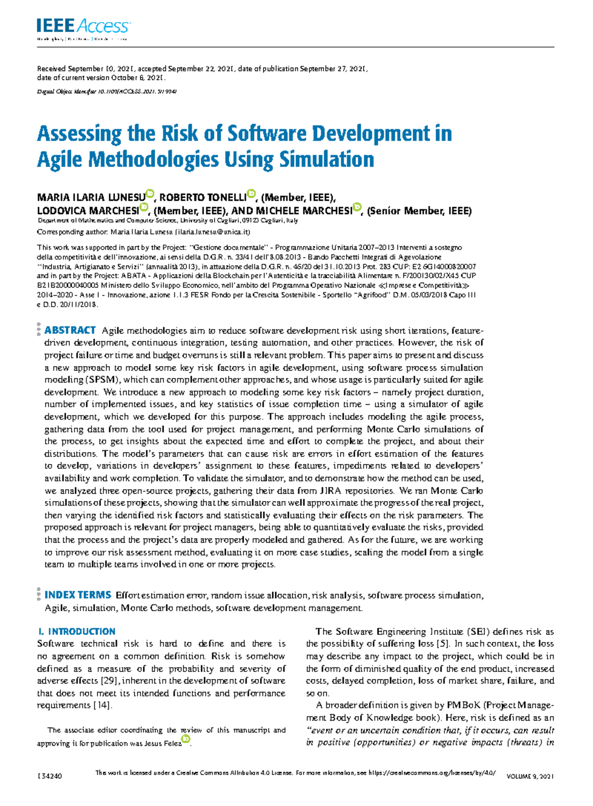 Assessing the Risk of Software Development in Agile Methodologies Using Simulation - Received ...