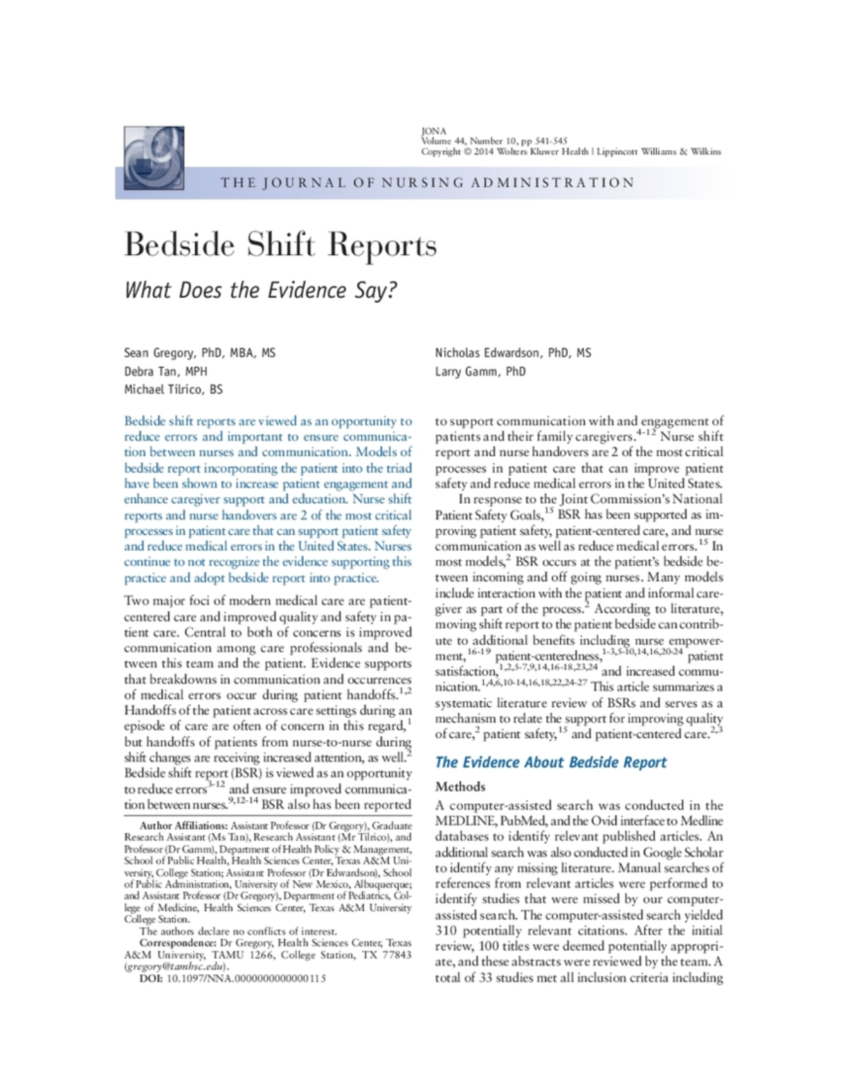 Bedside shift report article PDF - JONA Volume 44, Number 10. PP ...