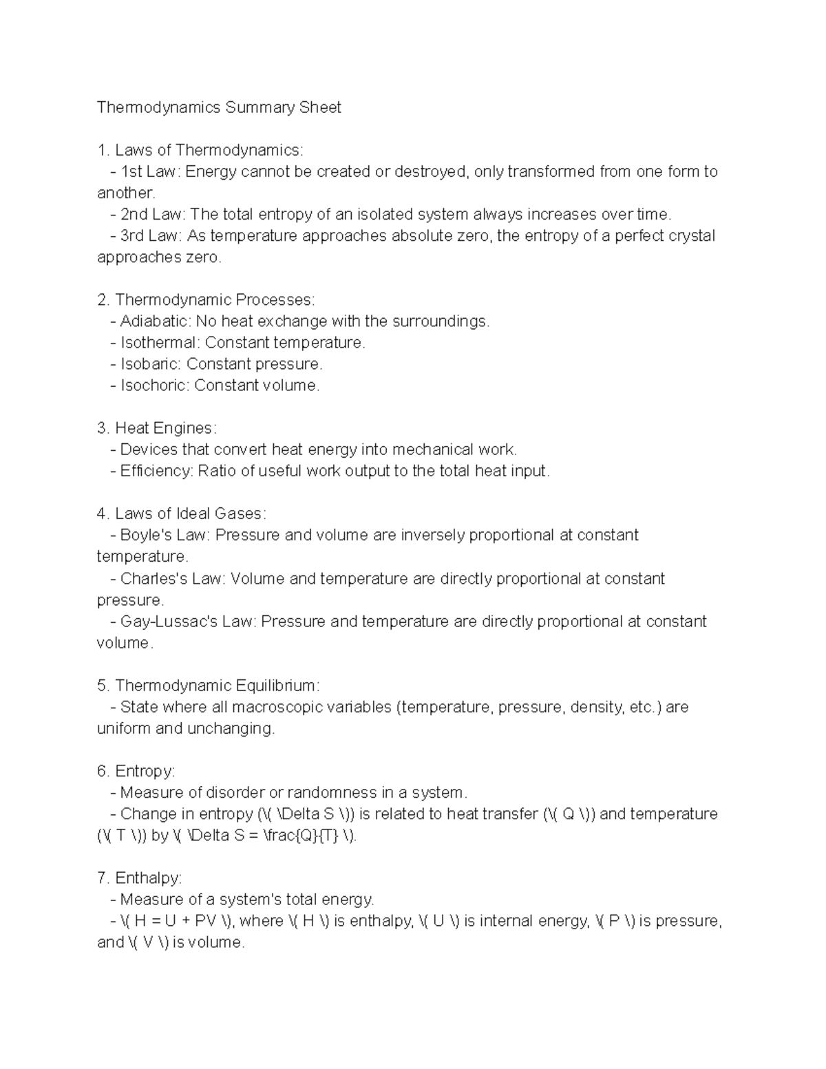 Thermodynamics Summary - 2nd Law: The total entropy of an isolated ...