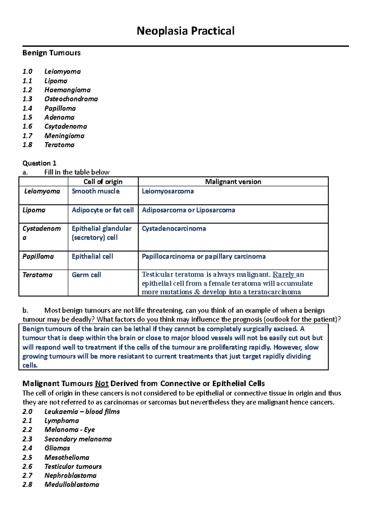 1. Neoplasia - practical notes answers - Neoplasia Practical Benign ...