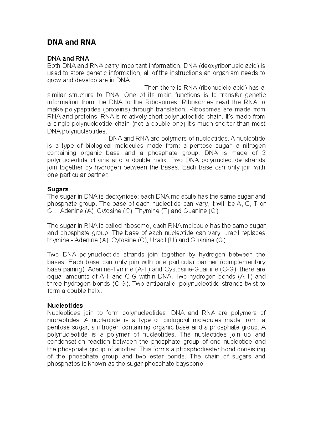 DNA and RNA Summary - DNA and RNA DNA and RNA Both DNA and RNA carry ...