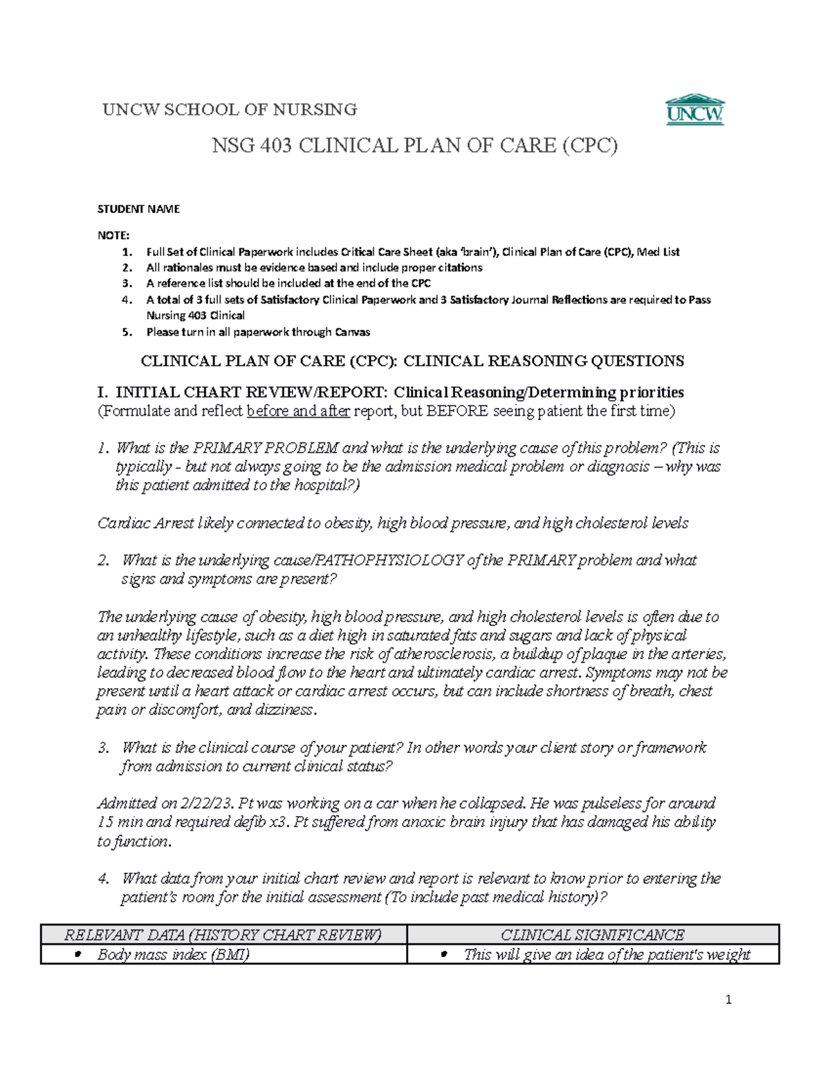 ICU CPC #3 - Care Plan - UNCW SCHOOL OF NURSING NSG 403 CLINICAL PLAN ...