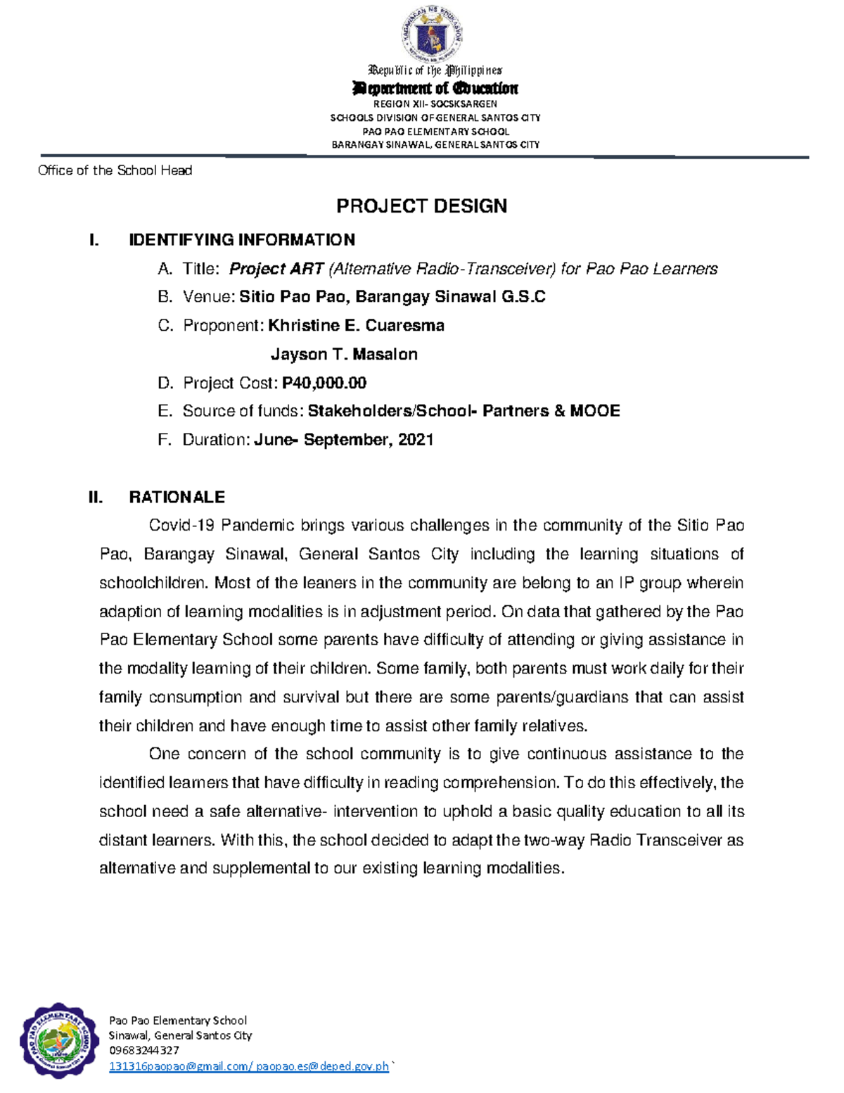 Project Design RBI-signed - Dep REGION XII- artment SOCSKSARGEN of ...