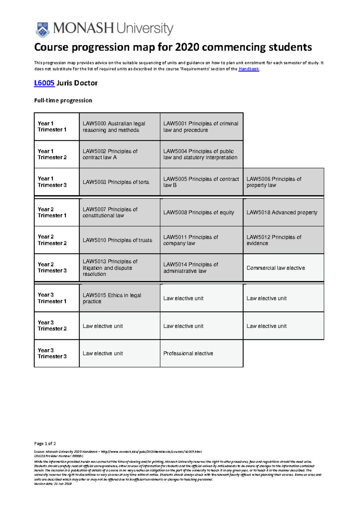 Map-l6005 LAW JD STUDENT - Course progression map for 20 20 commencing ...