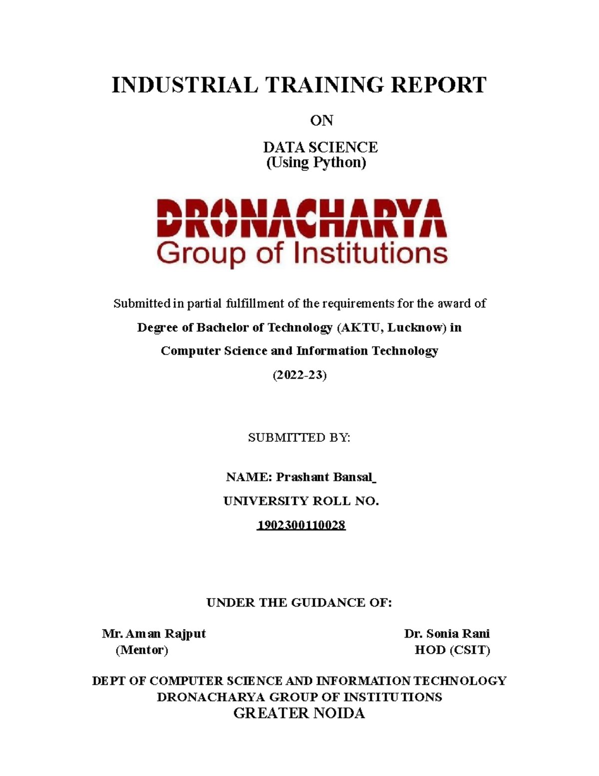 Industrial Training Report - INDUSTRIAL TRAINING REPORT ON DATA SCIENCE ...