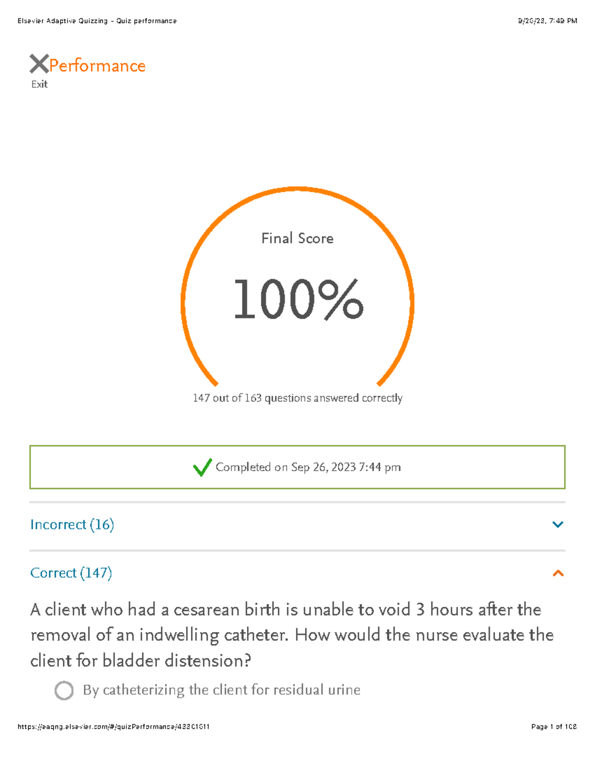 Elsevier Adaptive Quizzing - Quiz performance - Exit Performance Final ...